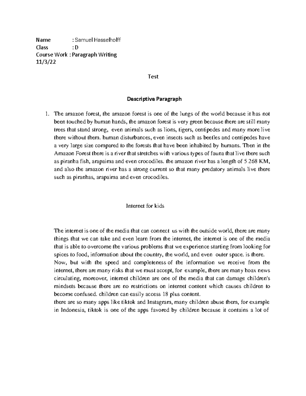 Course Work Paragraph Writing research - Name : Samuel Hasselholff ...