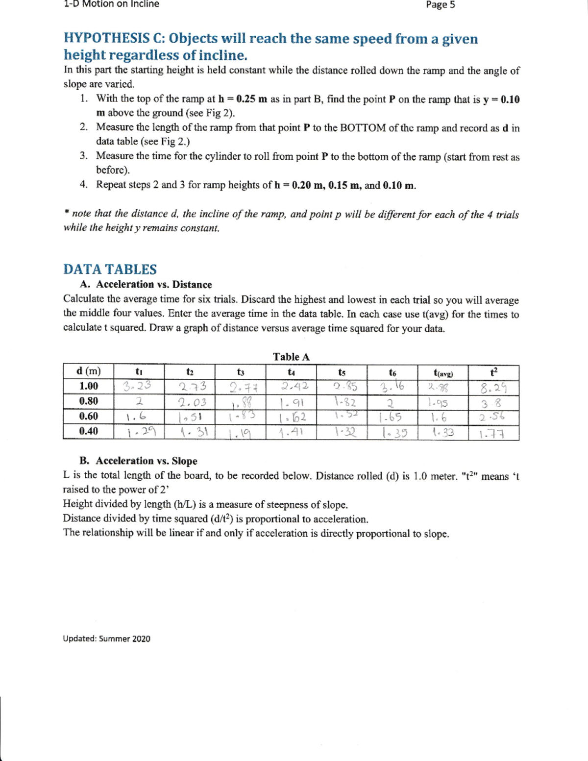 1-D Motion on Incline–Constant Acceleration - PHYS 1441 - Studocu