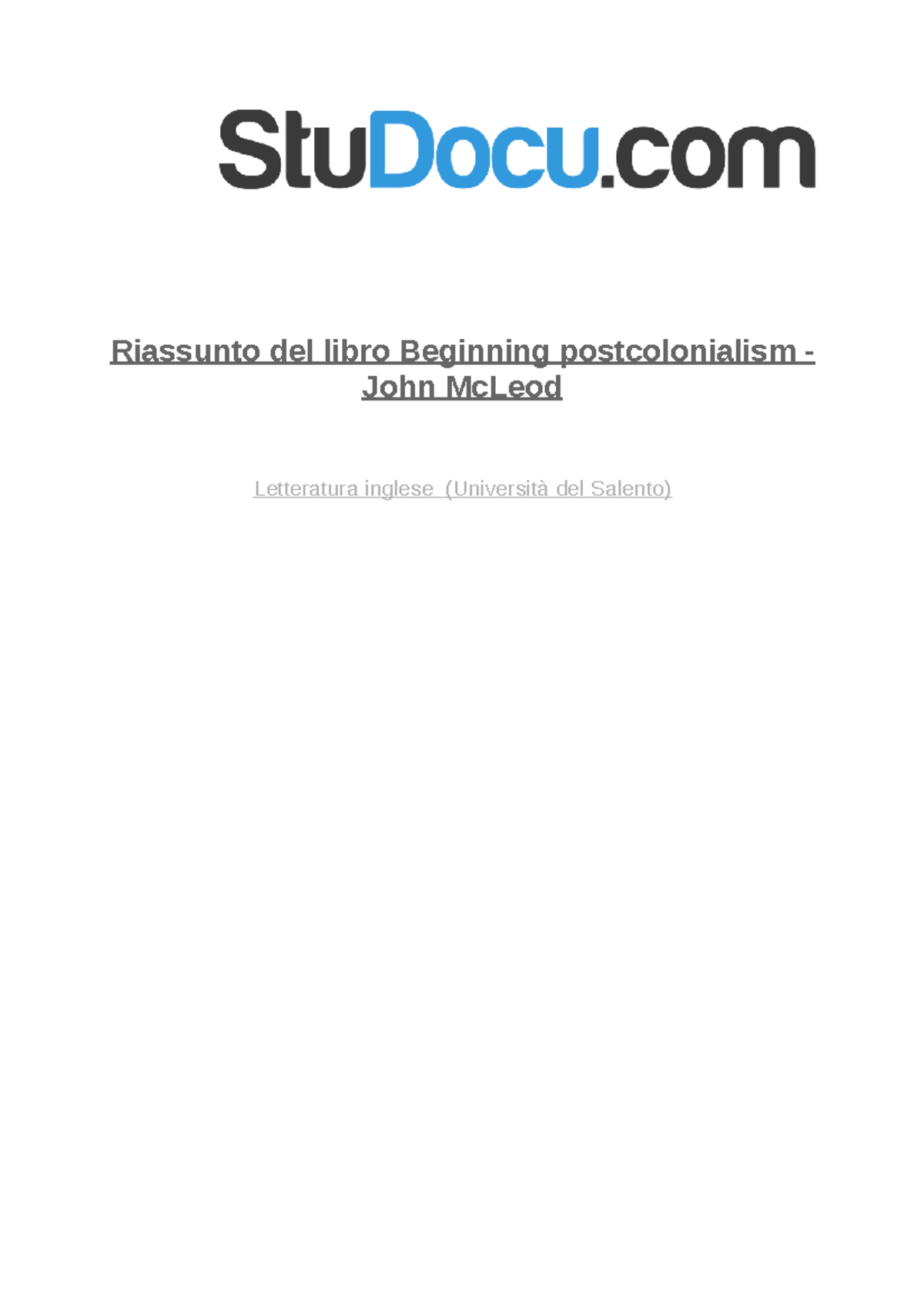 Riassunto del libro beginning postcolonialism john mcleod - Riassunto ...