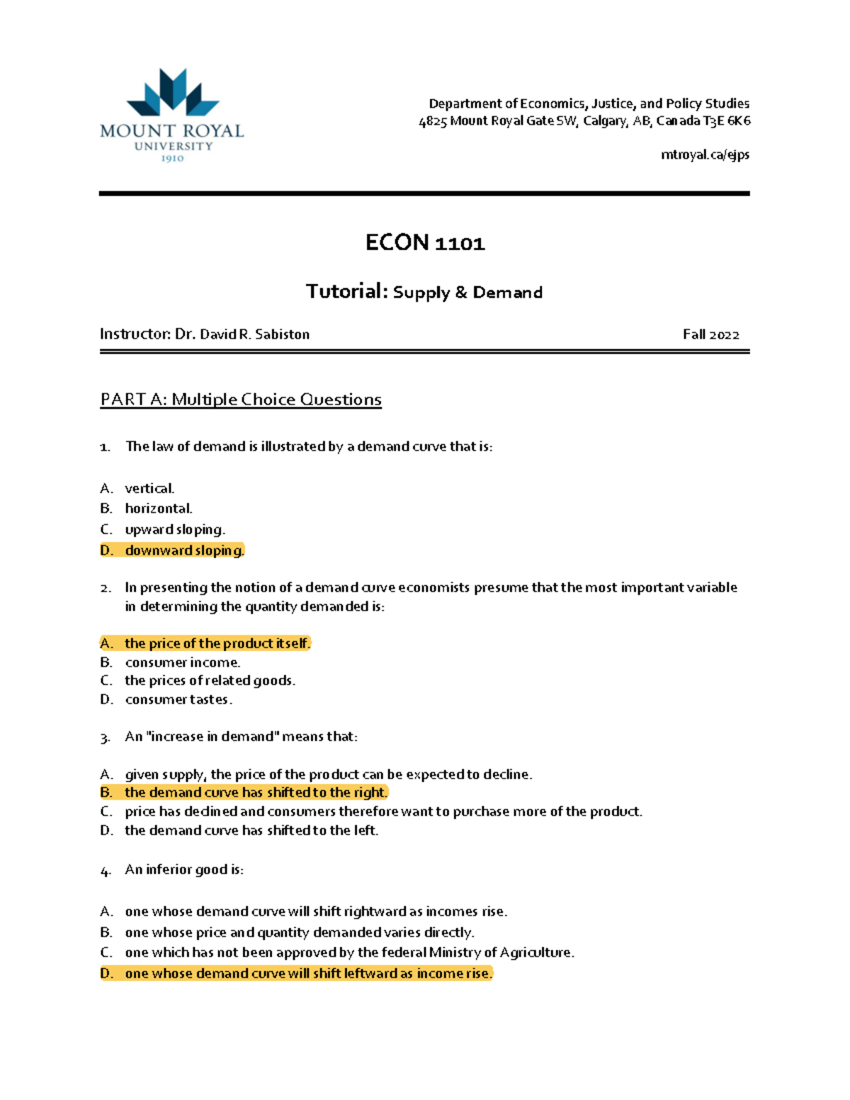 Econ 1101 - Demand and Supply - Practice Quiz - Department of Economics ...