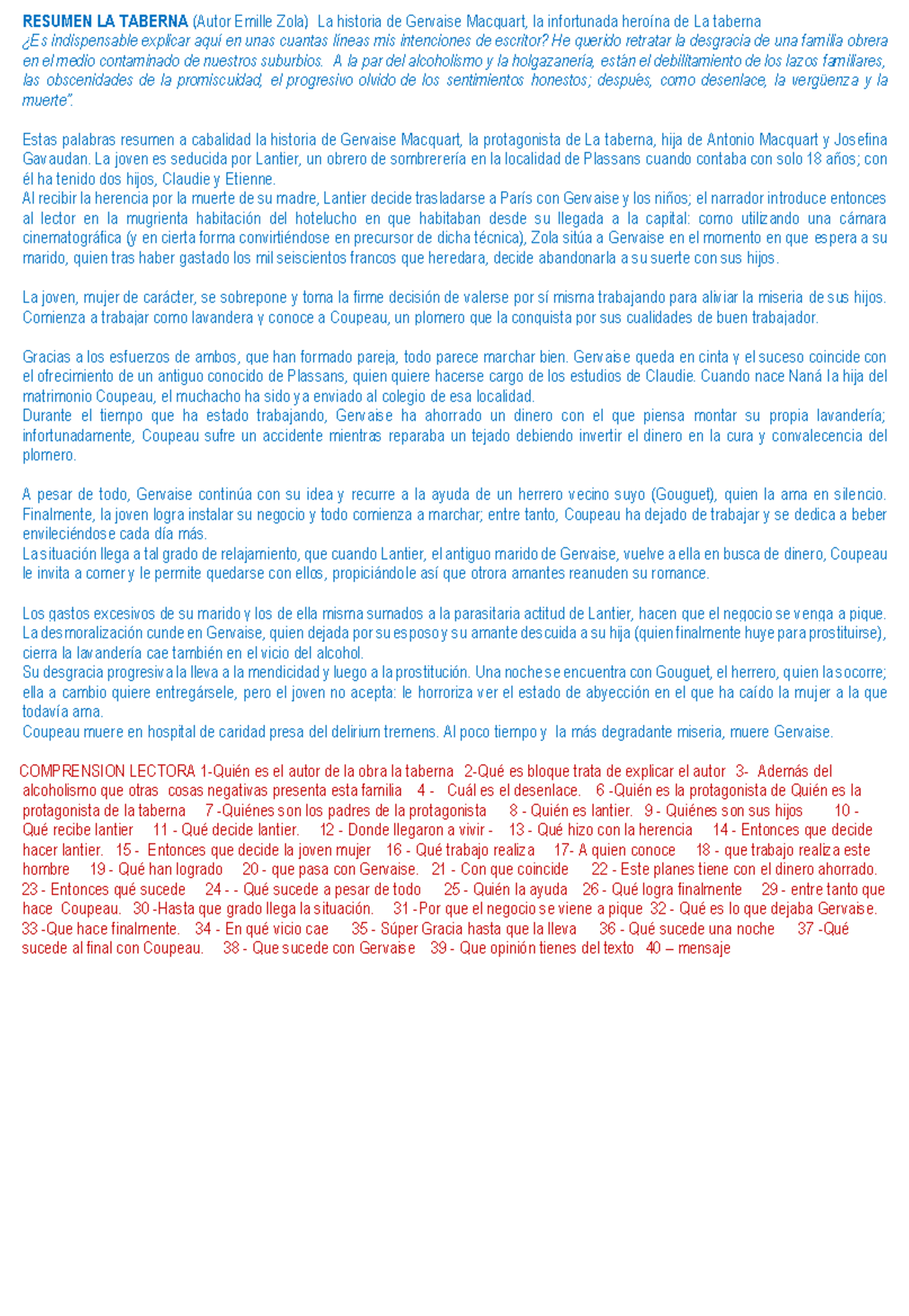 1 - Resumen LA Taberna - RESUMEN LA TABERNA (Autor Emille Zola) La ...
