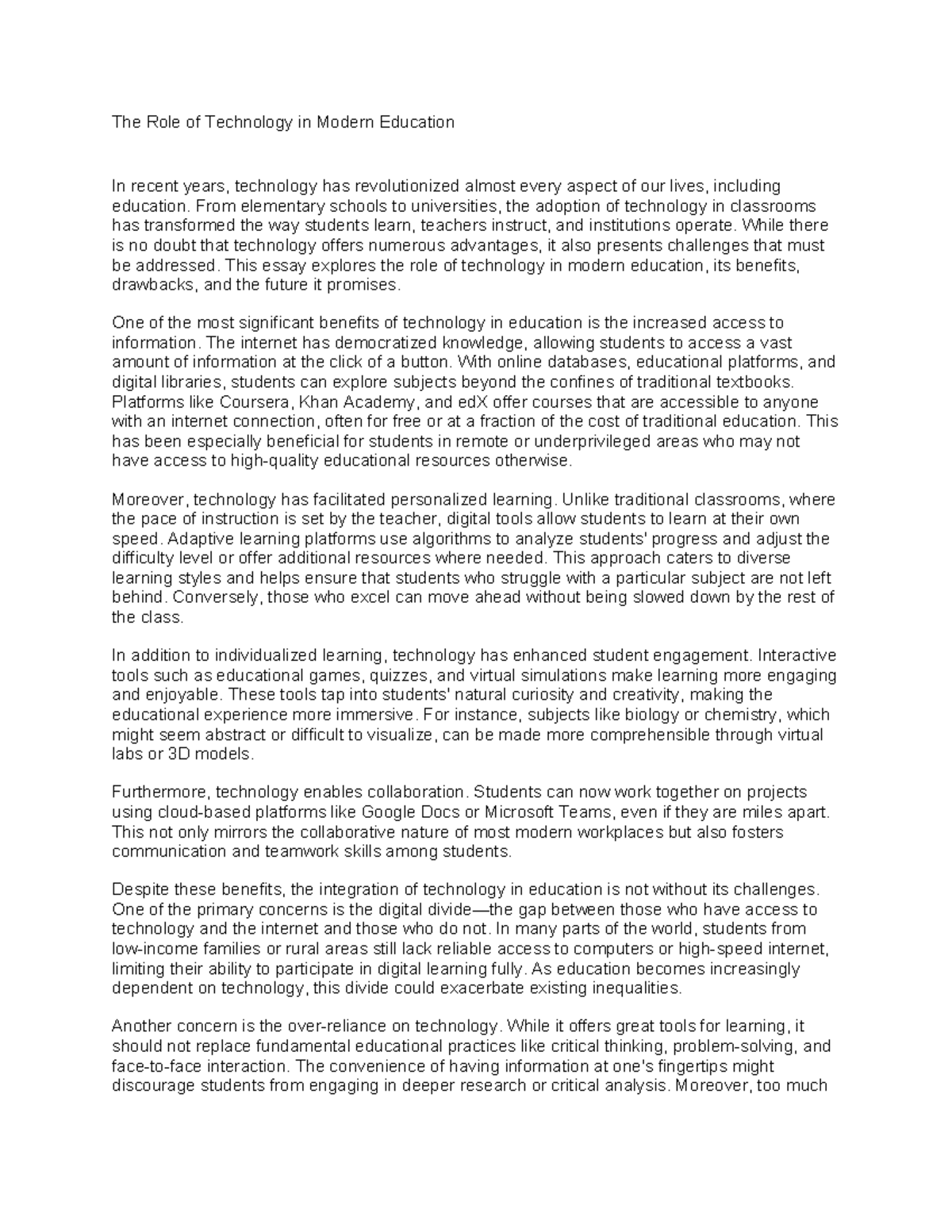 Chat 1 - Essay - The Role of Technology in Modern Education In recent ...