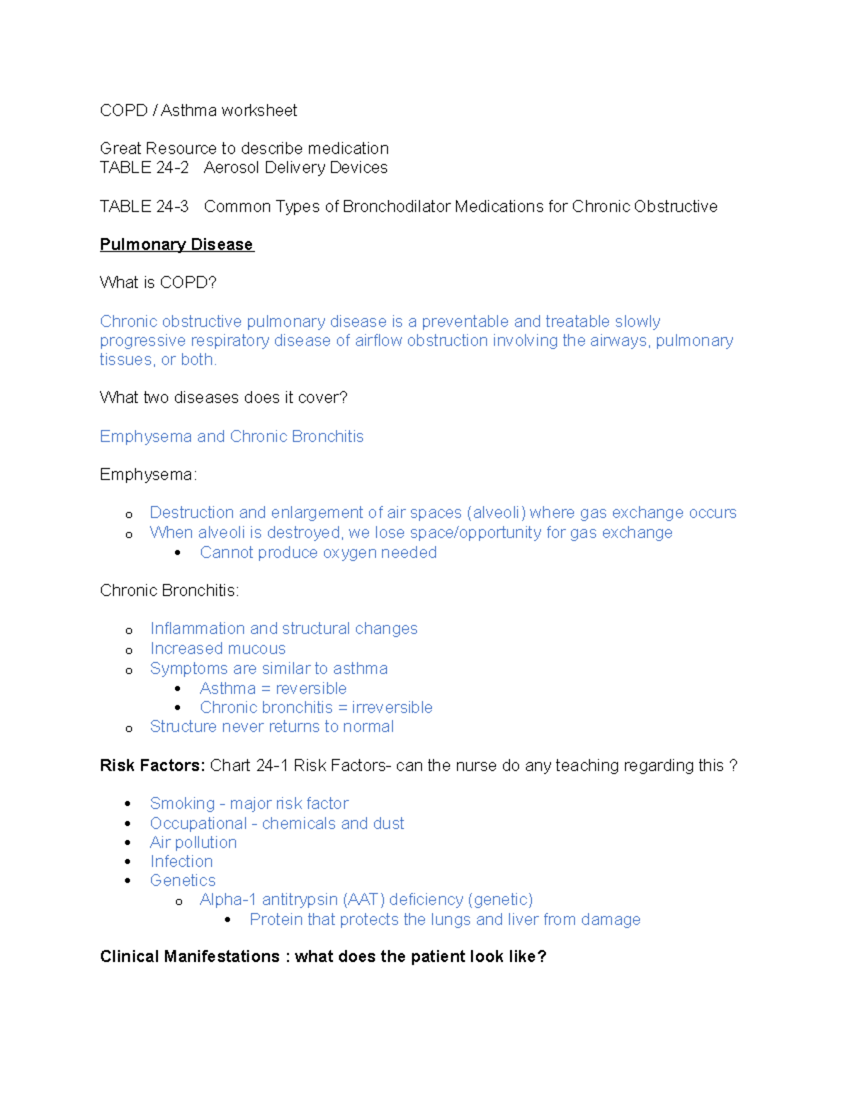 COPD Asthma Worksheet - COPD / Asthma worksheet Great Resource to ...