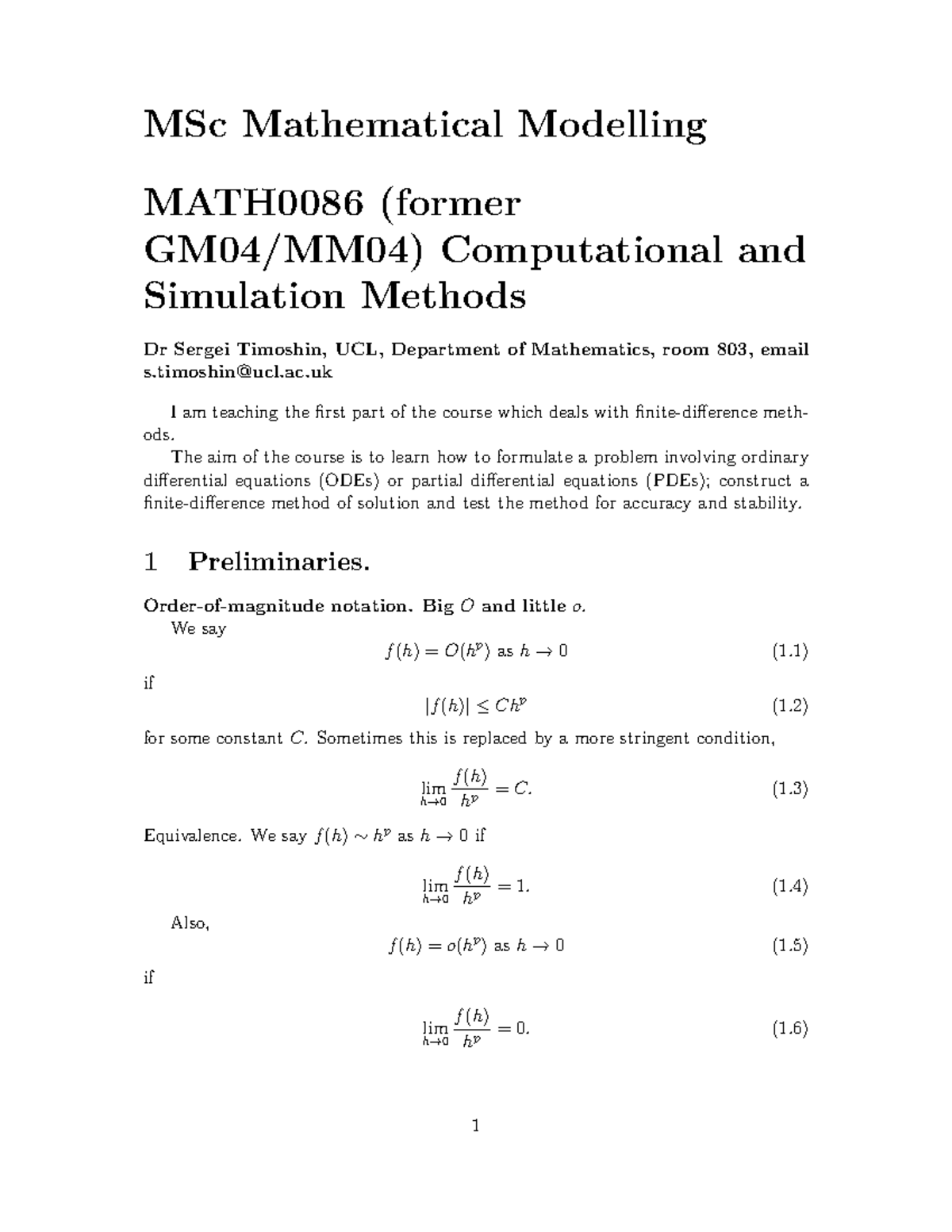 0086 week1 final - MSc Mathematical Modelling MATH0086 (former GM04 ...