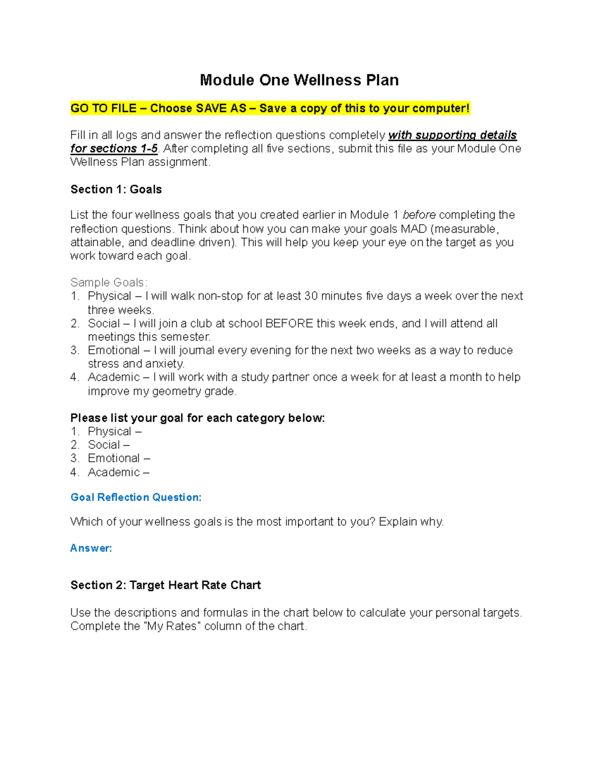 Module one wellness plan - Module One Wellness Plan GO TO FILE – Choose SAVE AS – Save a copy of ...