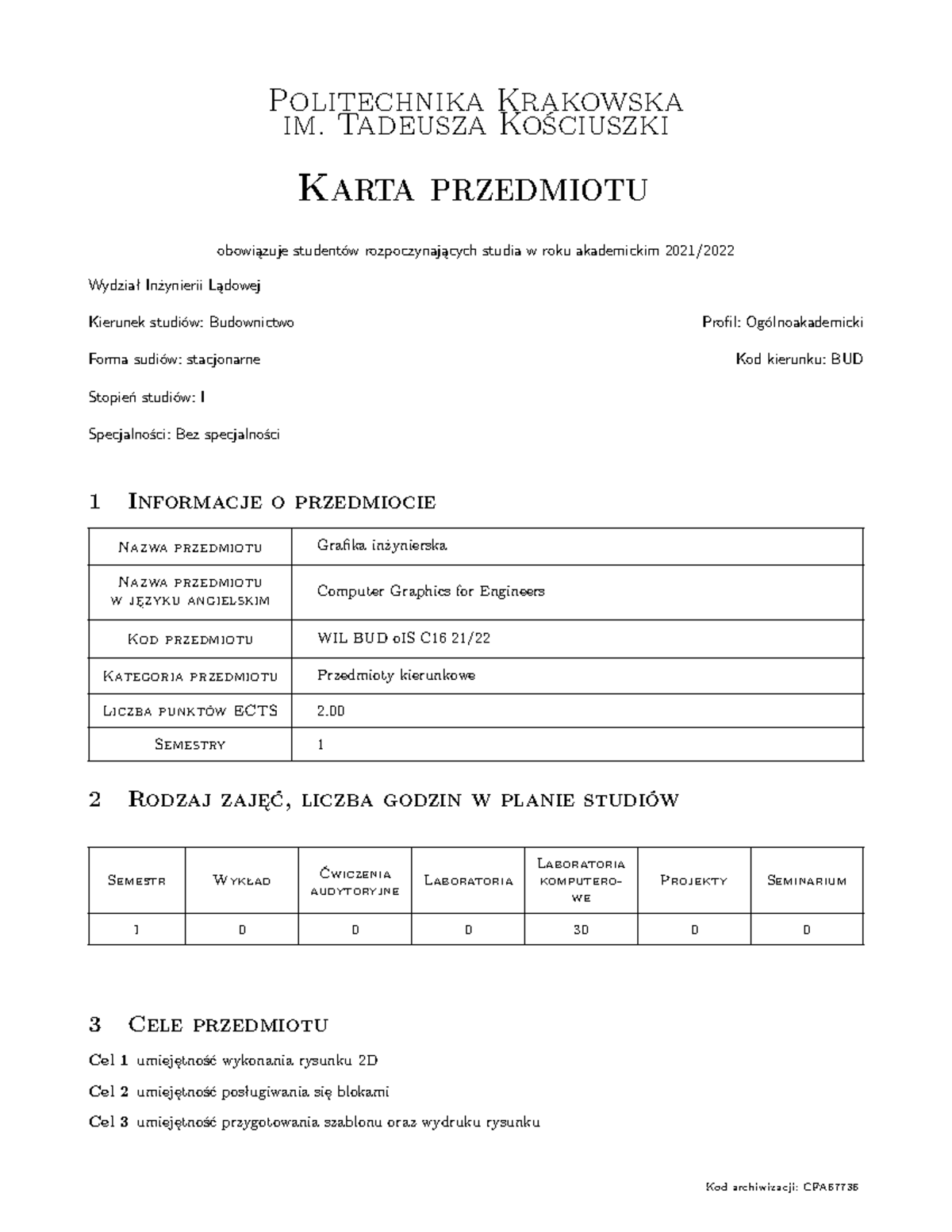 Grafika inzynierska - Politechnika Krakowska im. Tadeusza Kościuszki Karta przedmiotu obowiązuje ...