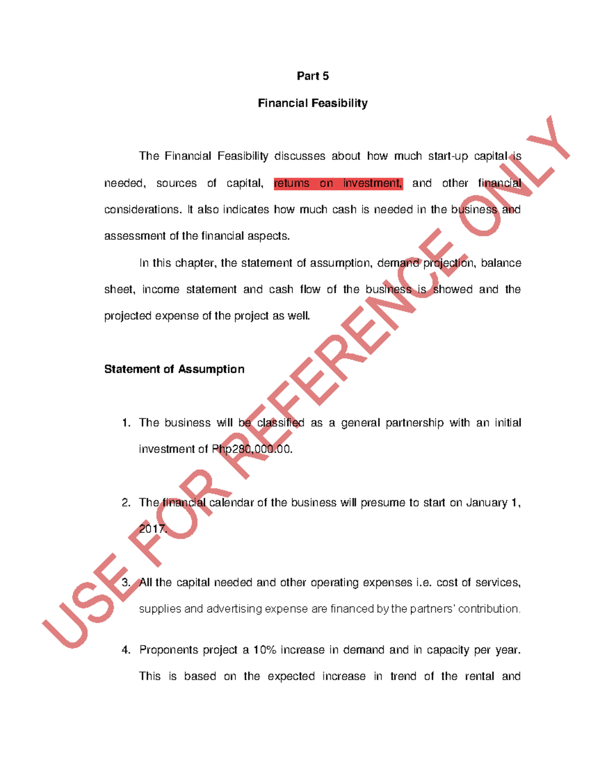 Part 5 Financial Feasibility - Part 5 Financial Feasibility The ...