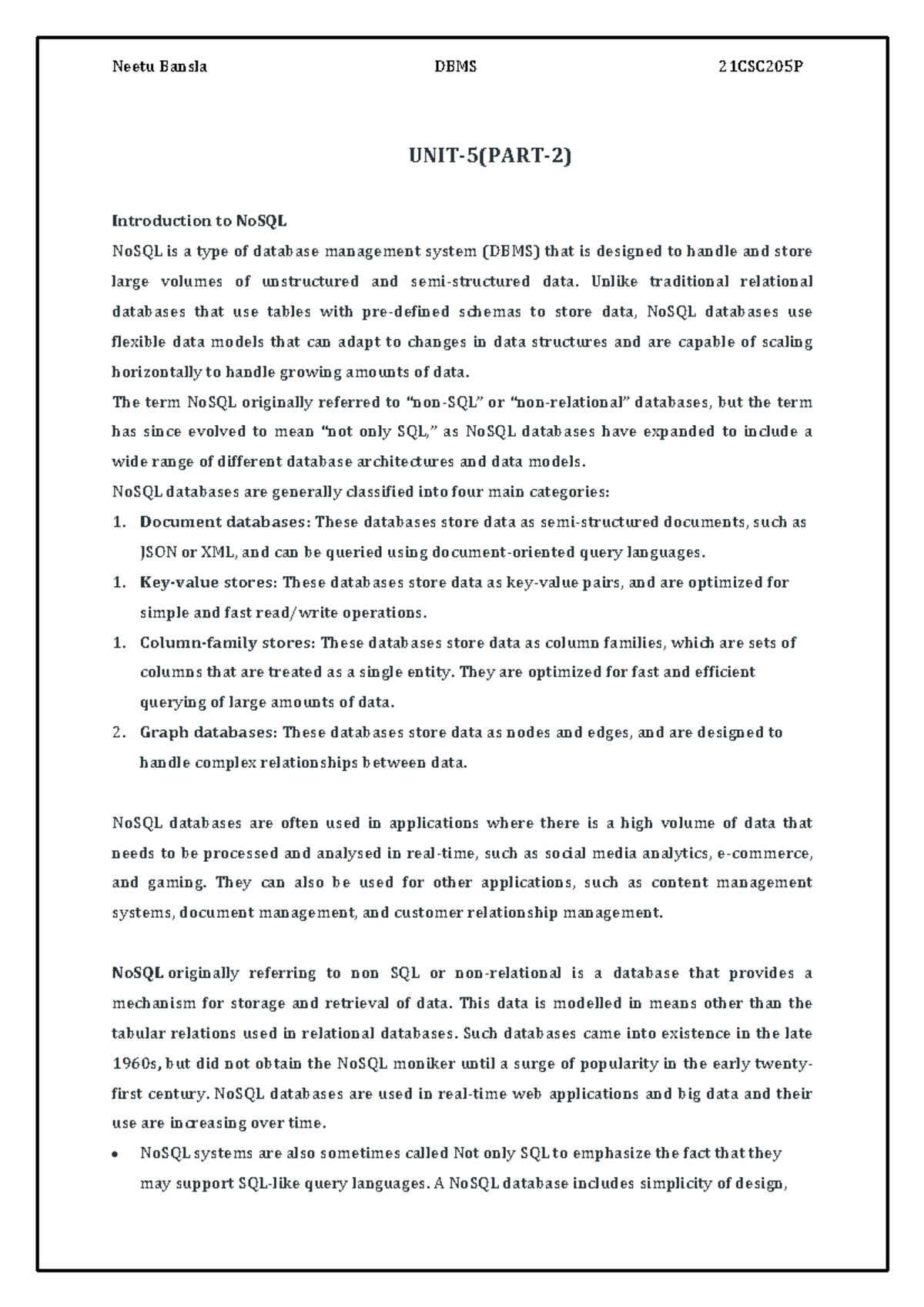 DBMS Unit-5(Part-2) - UNIT-5(PART-2) Introduction to NoSQL NoSQL is a type of database ...