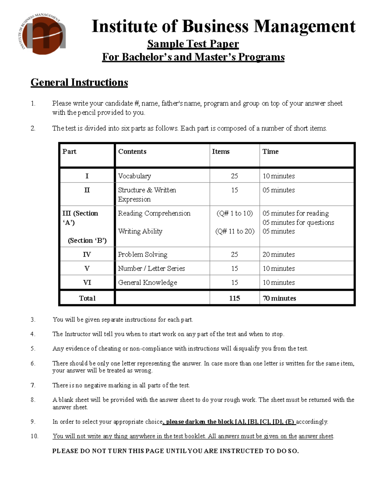 Sample Test Paper BBA BS MBA - Institute of Business Management Sample ...