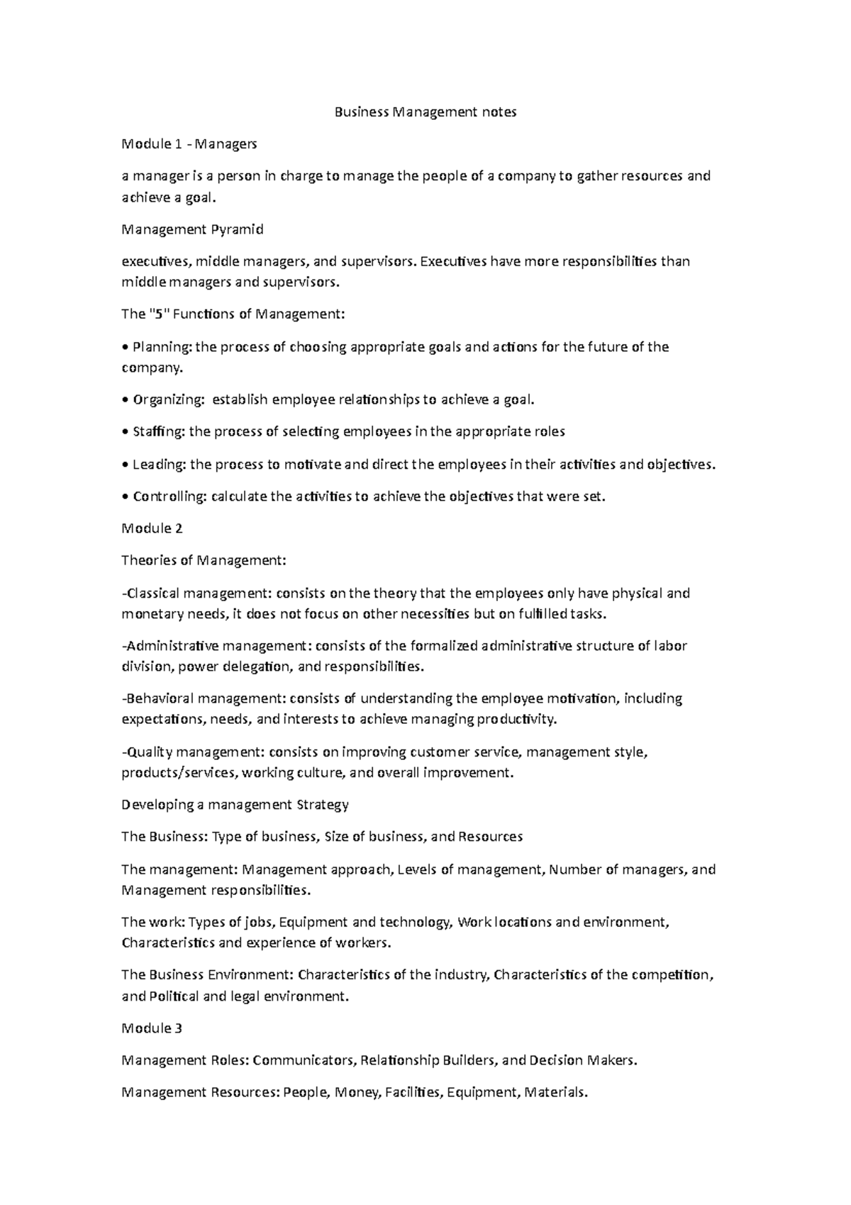 Business Management notes - Business Management notes Module 1 ...