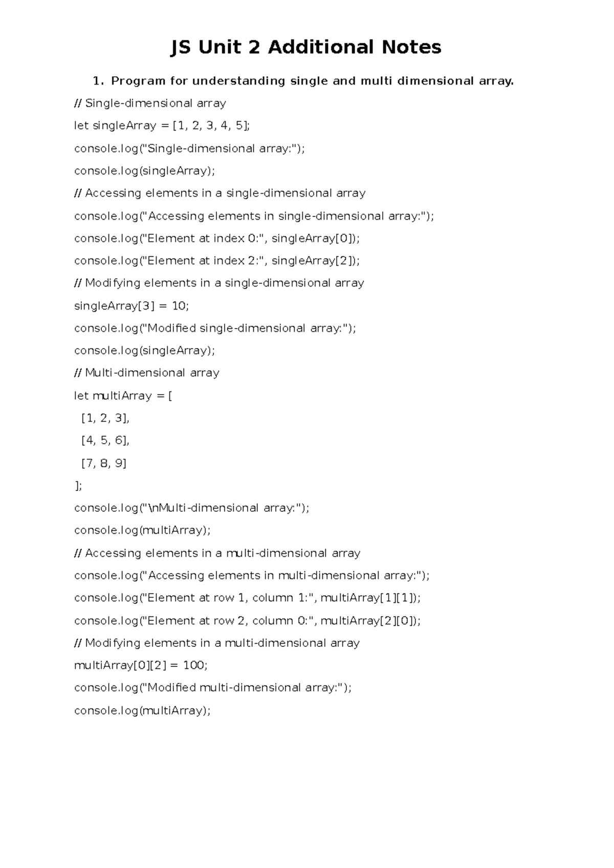 Unit 2 JS Additional Notes - Program for understanding single and multi ...