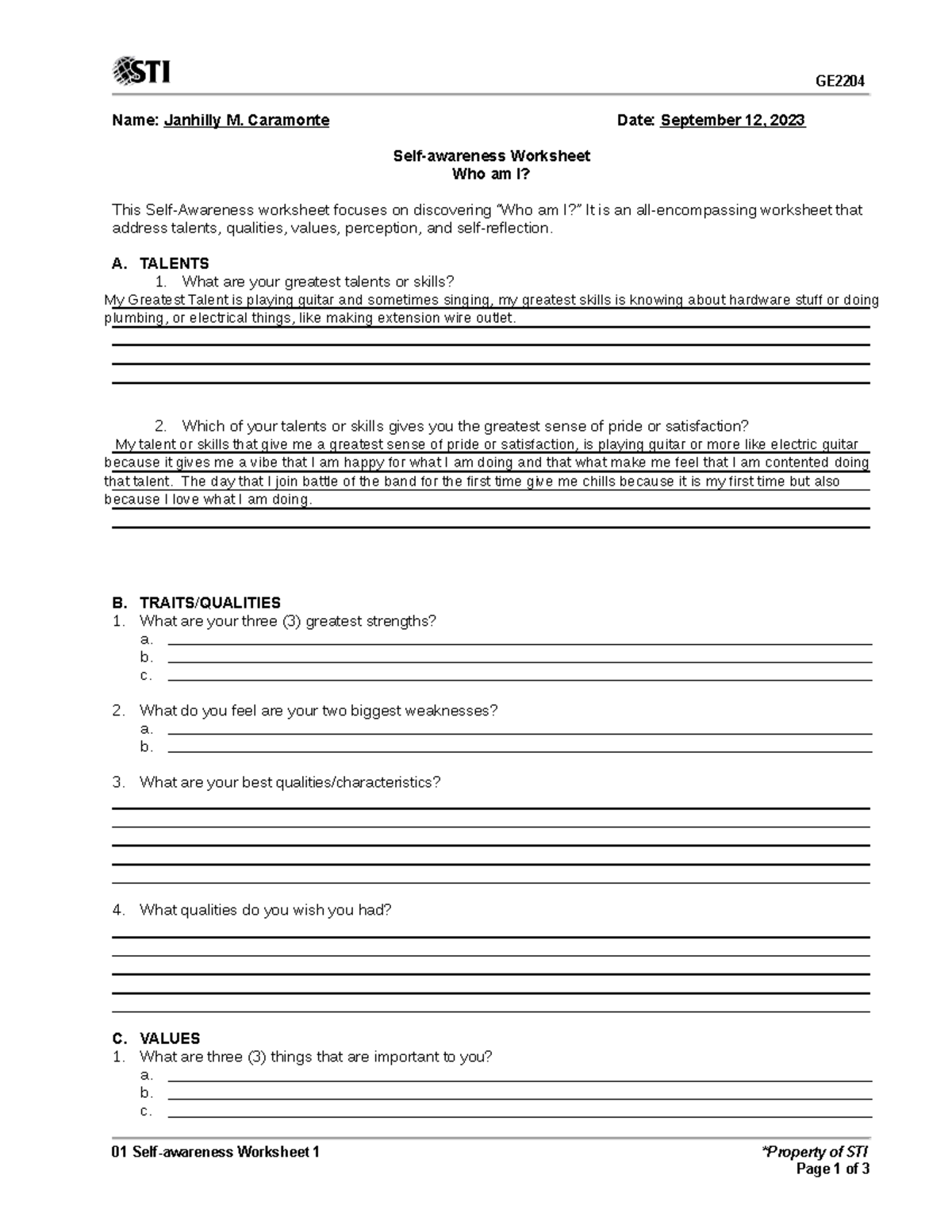 01 SELF- Awarenes-Worksheet 1 - Name: Janhilly M. Caramonte Date ...