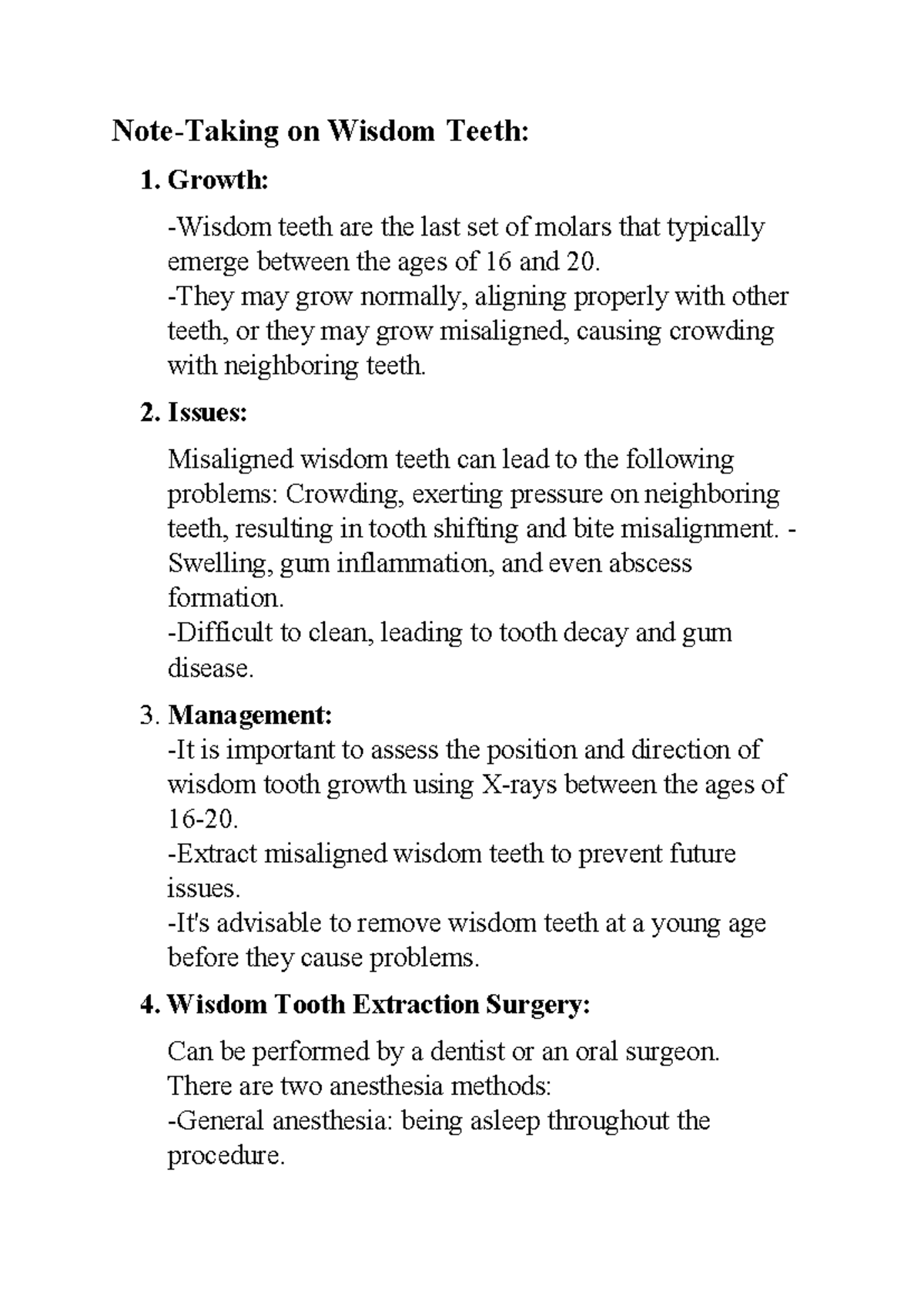 N2 - Hhy - Note-Taking on Wisdom Teeth: 1. Growth: -Wisdom teeth are ...