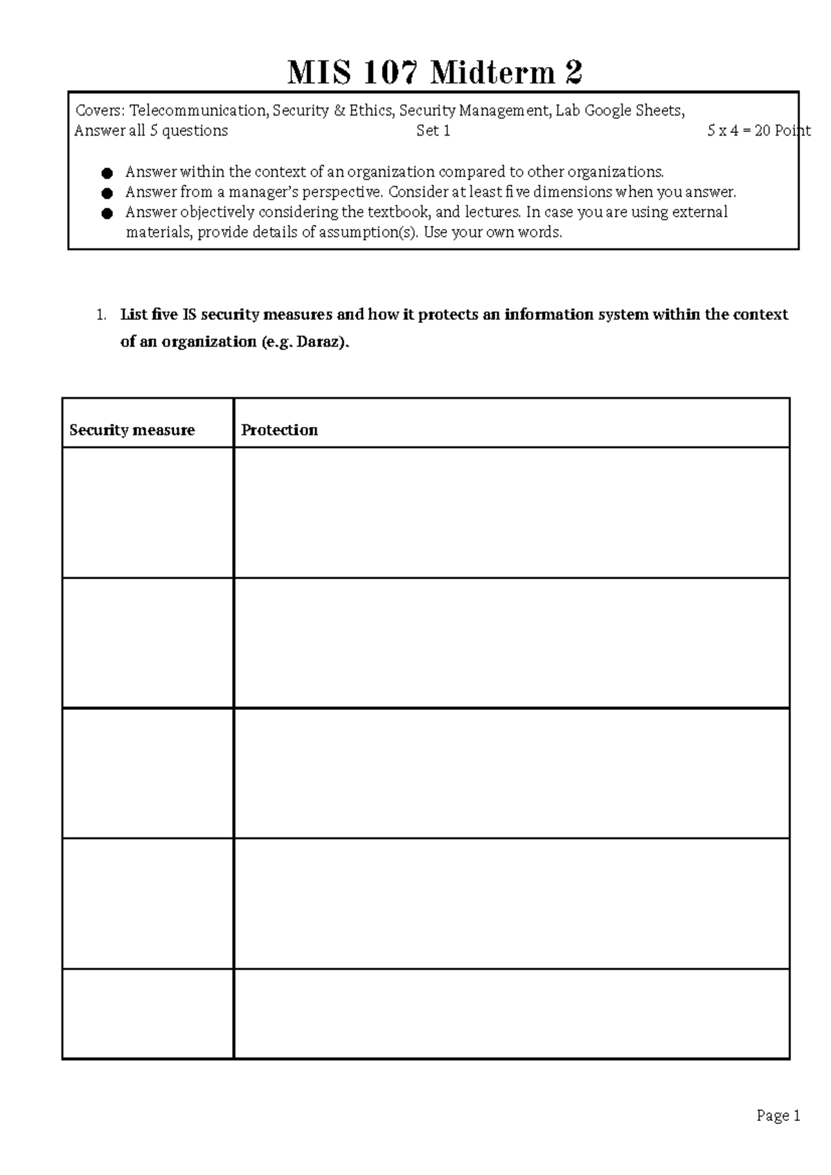 MIS 107 Midterm 2- Set 1 - Exam Question - MIS 107 Midterm 2 Covers ...