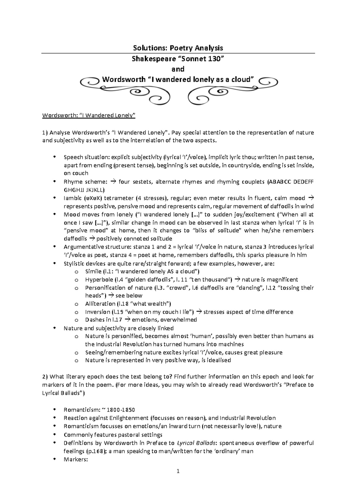 British Literature Task Sheet Solutions Poetry Analysis - 1 Solutions ...