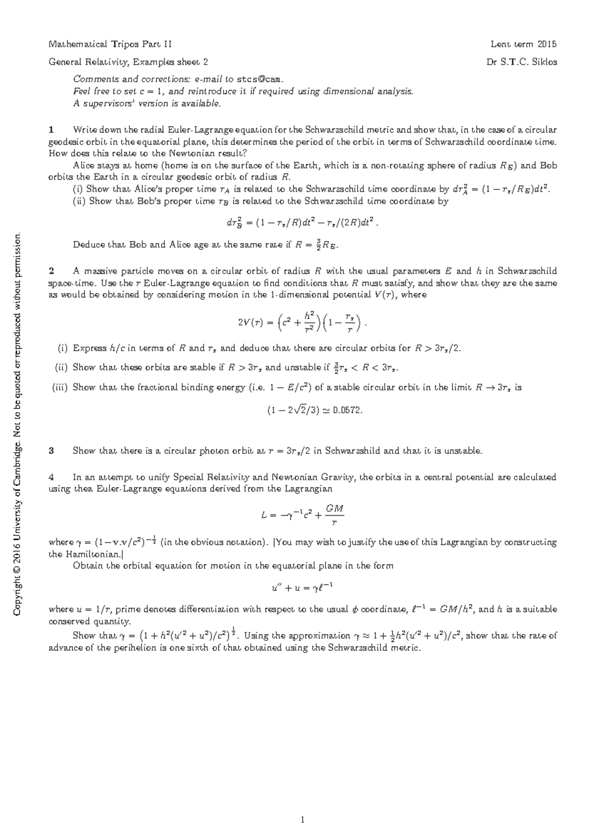 Tutorial work - 2 - Example sheet - Copyright © 2016 University of Cambridge. Not to be quoted ...
