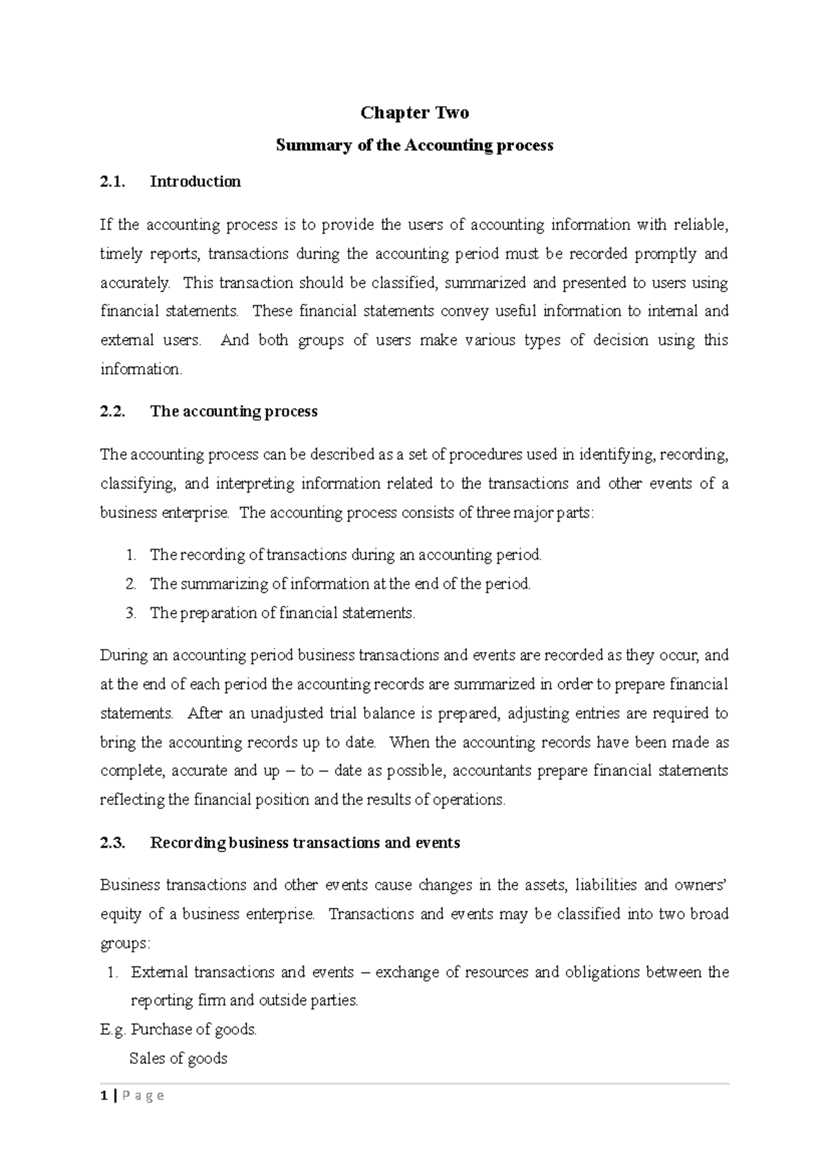 Chapter II - Student Notes - Chapter Two Summary of the Accounting ...