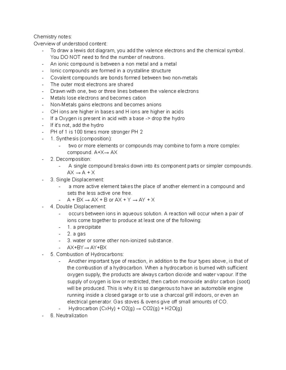 Chemistry notes - Chemistry notes: Overview of understood content: - To ...