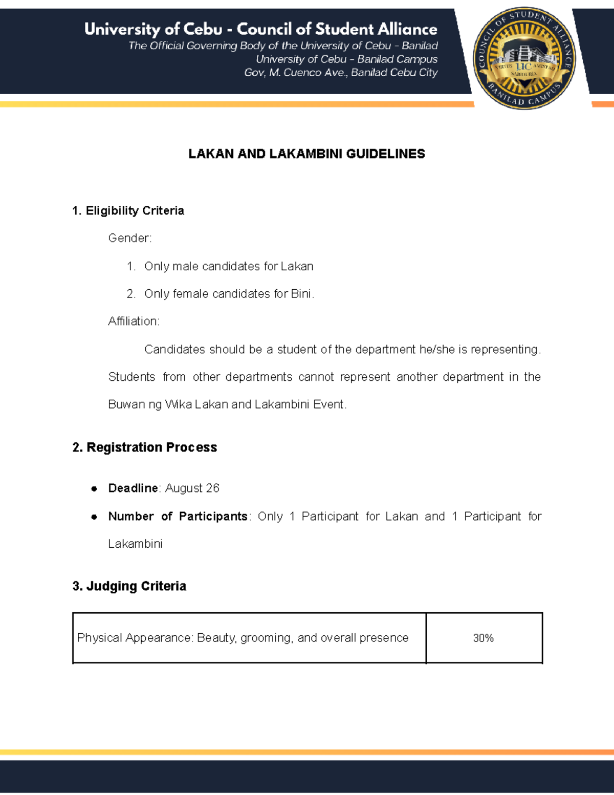 Lakan and Lakambini 2024 Guidelines - LAKAN AND LAKAMBINI GUIDELINES 1. Eligibility Criteria ...