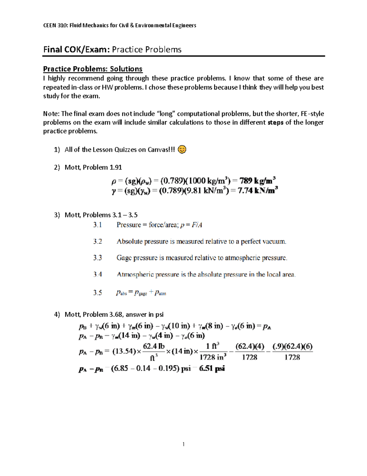 CEEN 310 Final Practice Problems Solutions - Final COK/Exam: Practice Problems Practice Problems ...