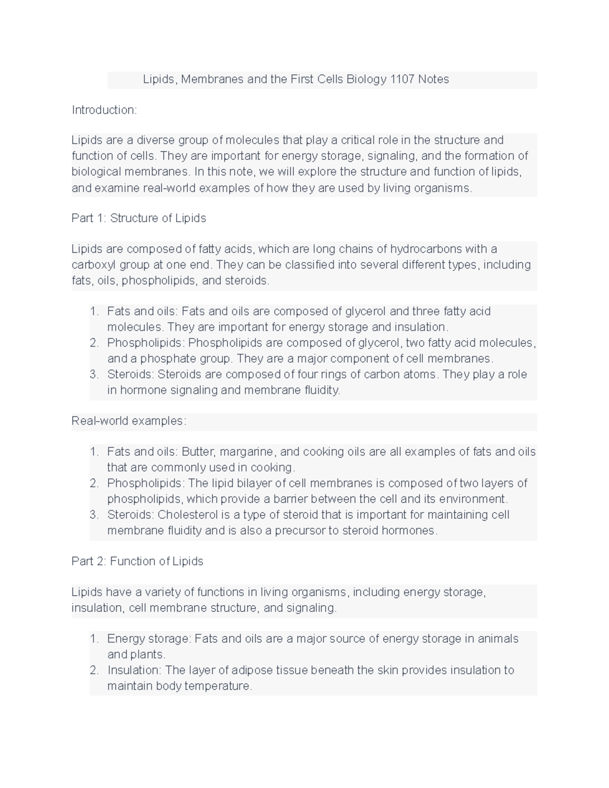 Lipids, Membranes and the First Cells Biology 1107 Notes - They are ...
