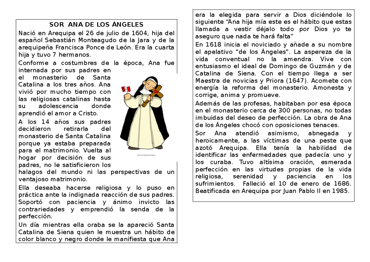 Ficha SOR ANA DE LOS Ángeles - SOR ANA DE LOS ÁNGELES Nació en Arequipa el 26 de julio de 1604 ...
