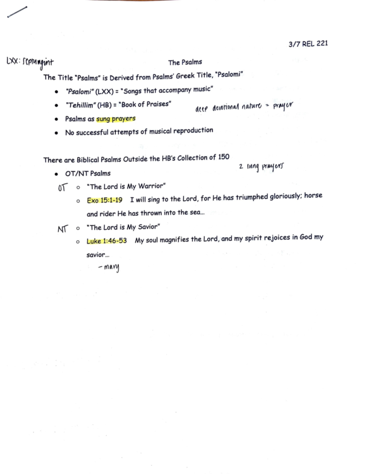 Psalms Lecture Notes - 3/7 REL 221 The Psalms The Title "Psalms" is ...