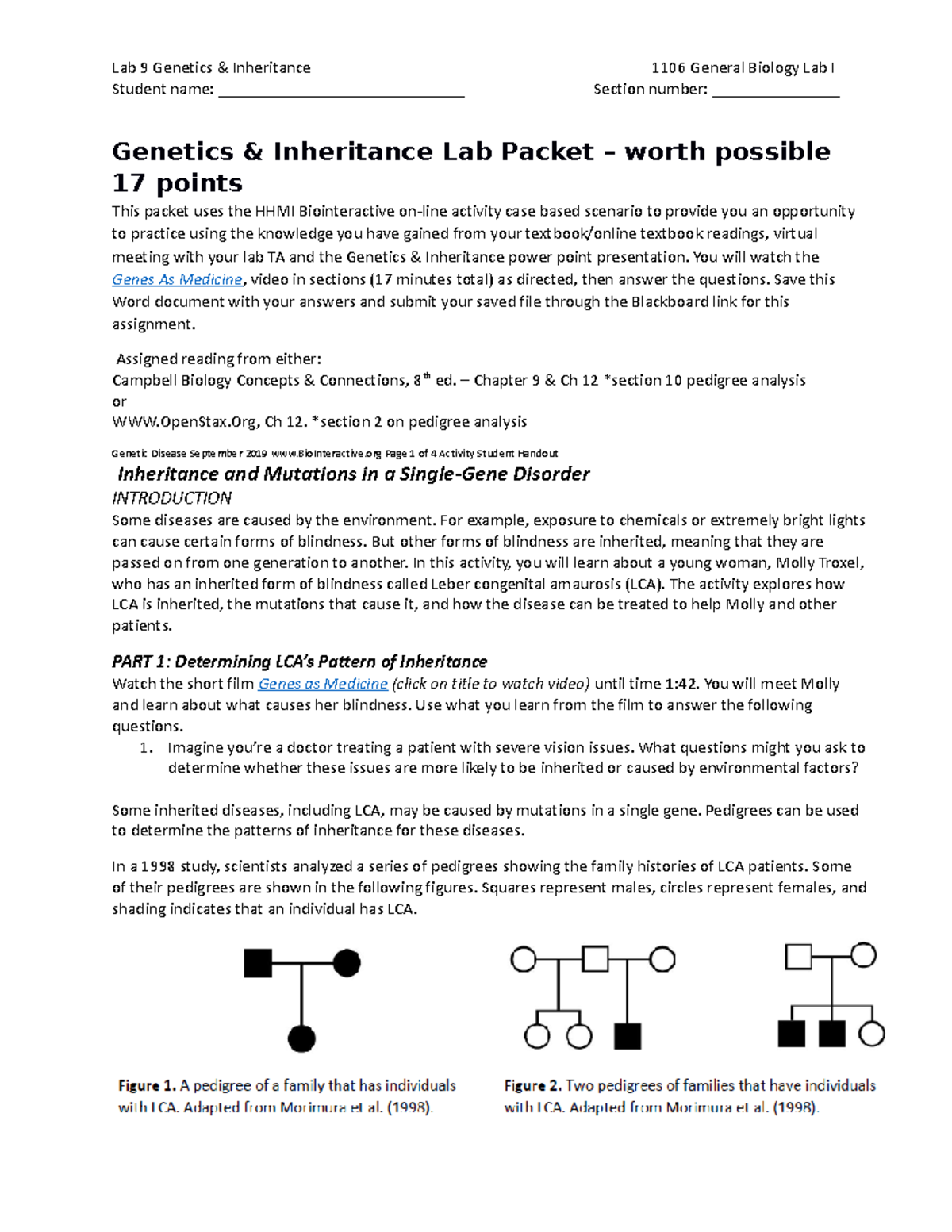 9 Genetics Inheritance Lab Packet - Student name: _____________________________ Section number ...
