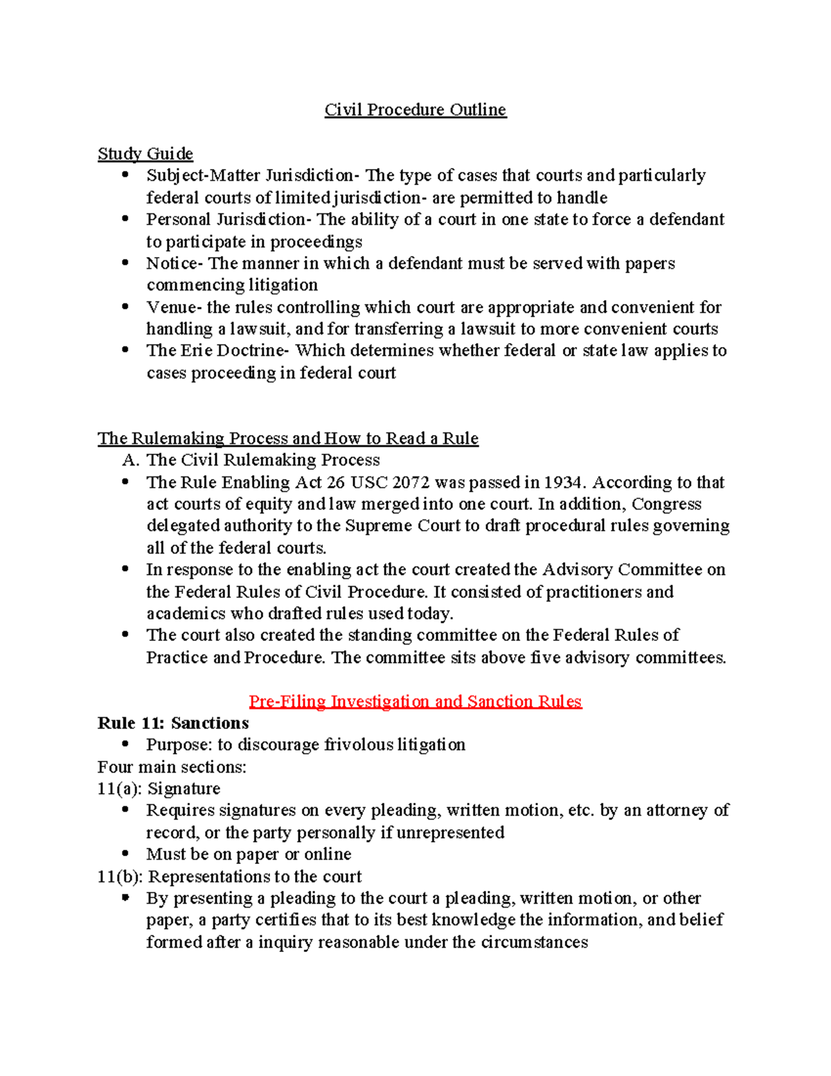 Civil Pro I Lammon F21 - Outline - Civil Procedure Outline Study Guide ...