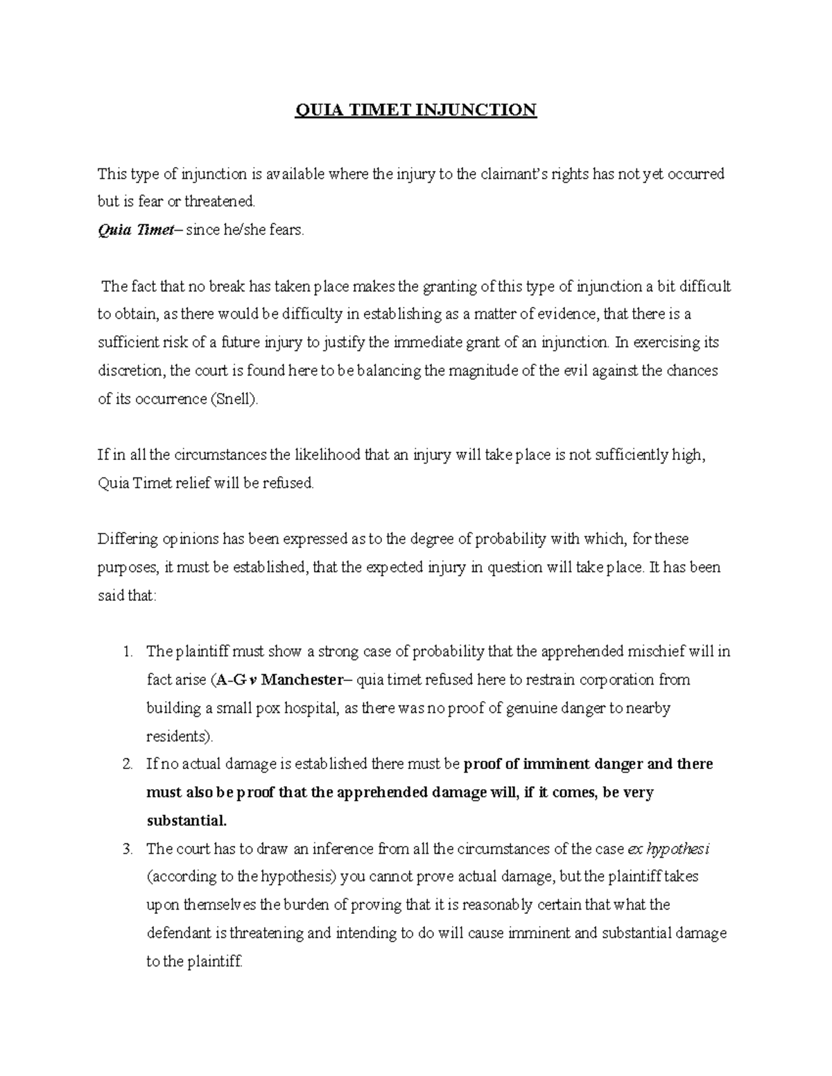 QUIA Timet Injunction - QUIA TIMET INJUNCTION This type of injunction ...