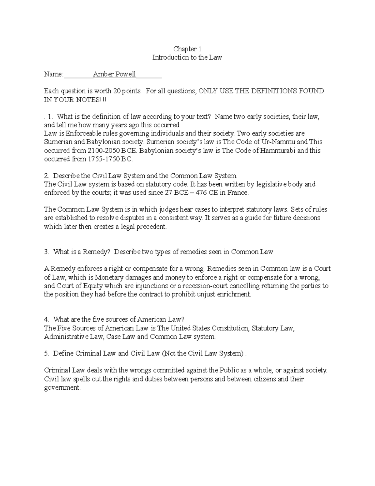 Chapter 1 homework BUS - 1-14 - Chapter 1 Introduction to the Law Name ...