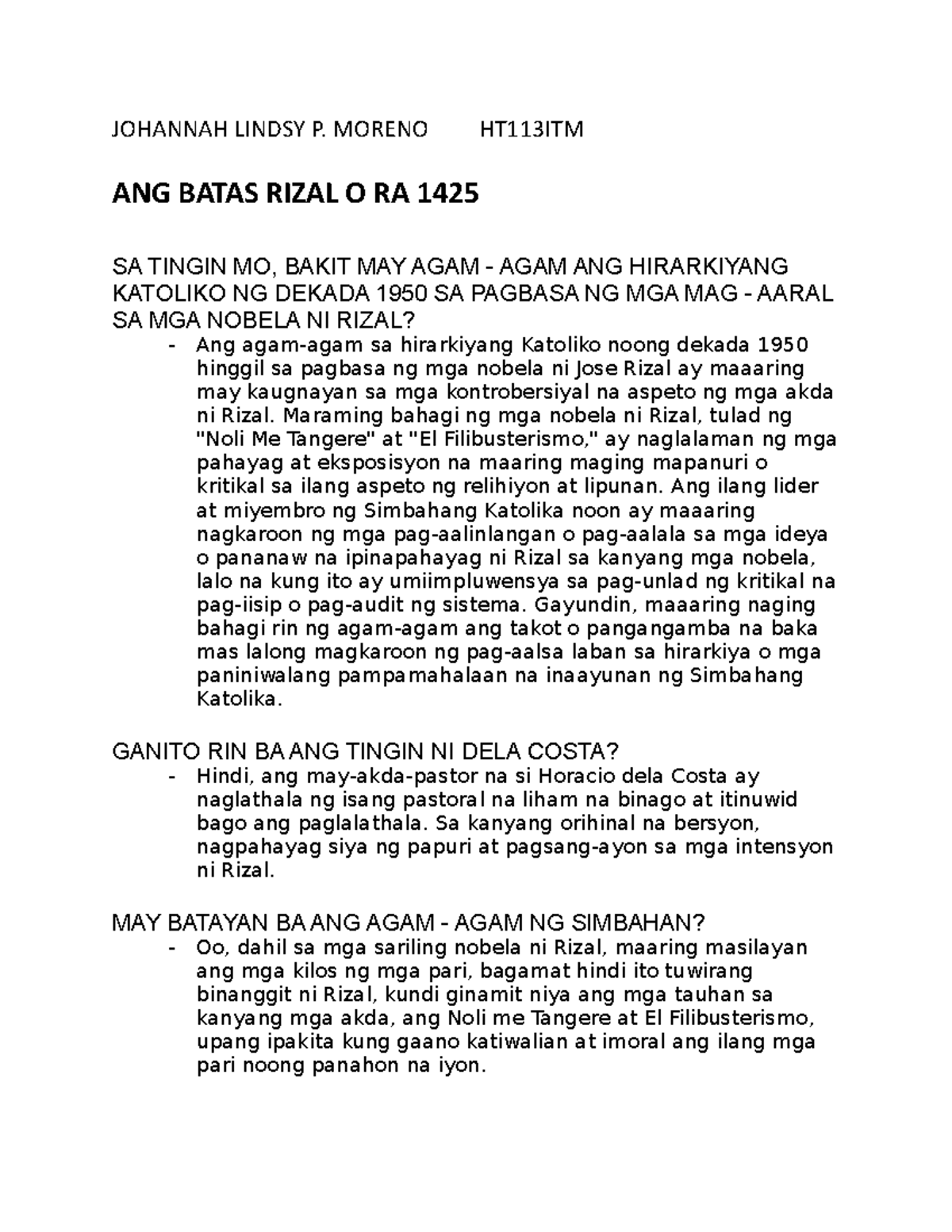 Rizal ni jose h - JOHANNAH LINDSY P. MORENO HT113ITM ANG BATAS RIZAL O ...