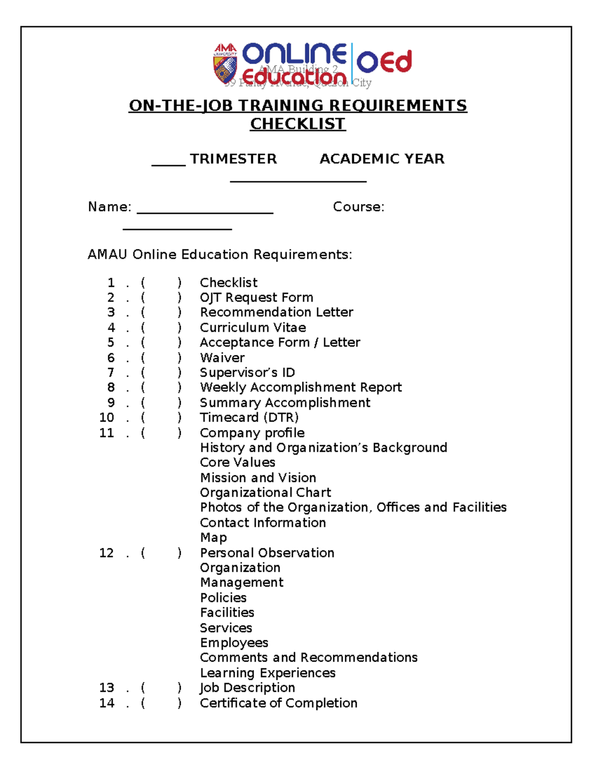 001 - OJT Requirement Checklist-2 - AMA Building 2 59 Panay Avenue ...