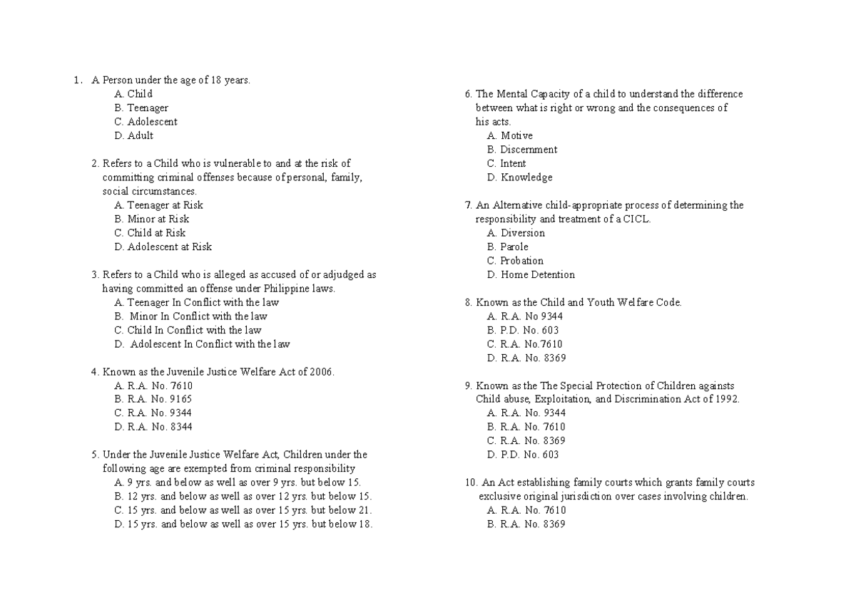 A Person under the age of 18 years - A. Child B. Teenager C. Adolescent ...