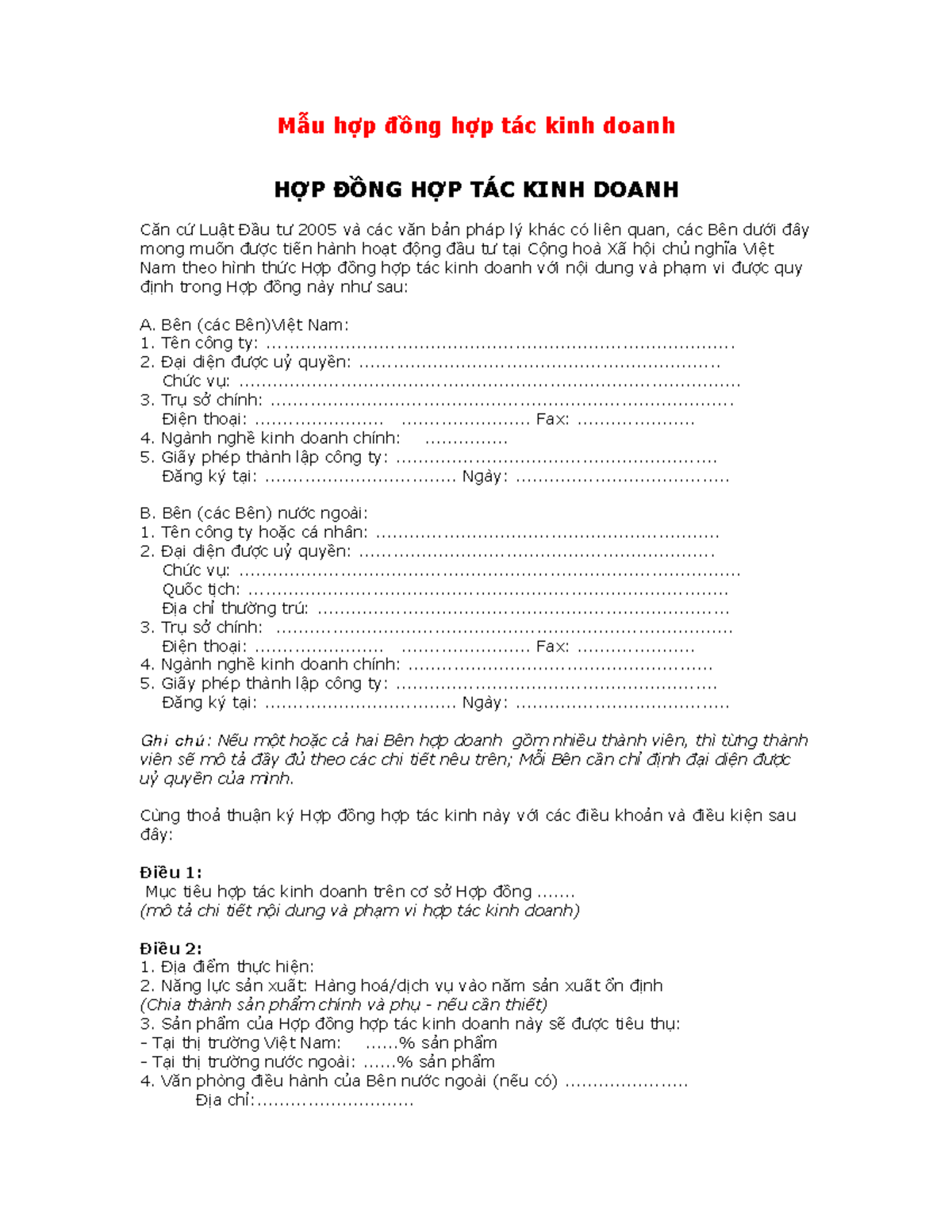 HD BCC - Mẫu Hợp đồng BCC - Mẫu hợp đồng hợp tác kinh doanh HỢP ĐỒNG ...