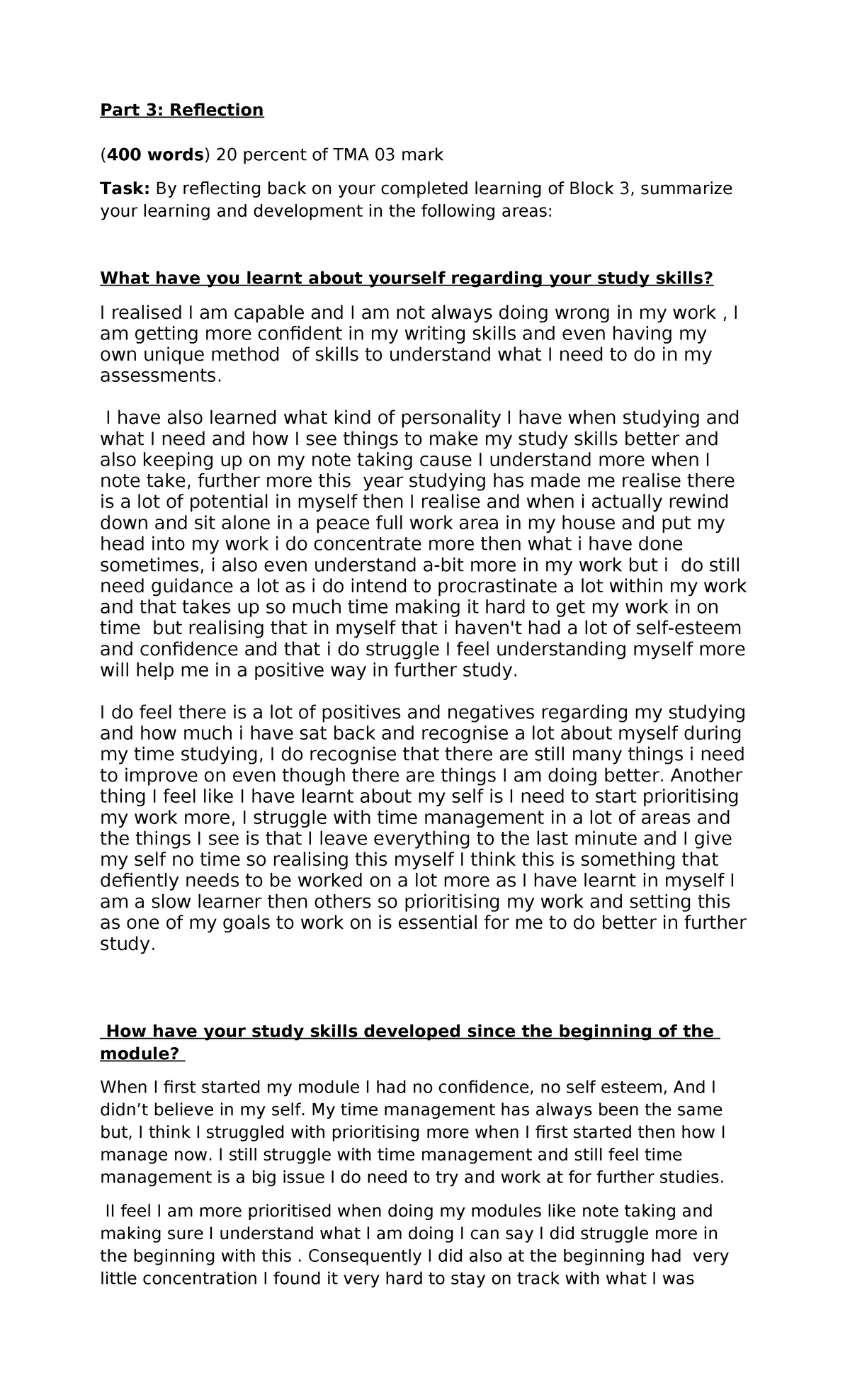 Part 3 Reflection copy - Childhood studies - Part 3: Reflection (400 ...