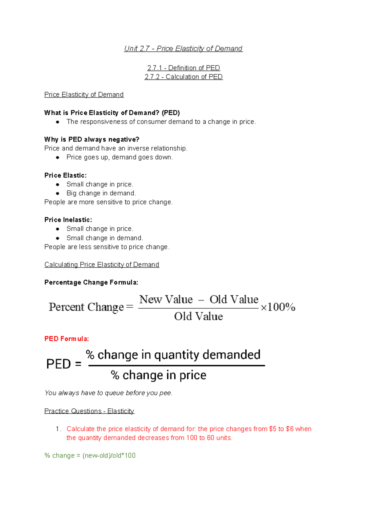 Unit 2.7 - Price Elasticity of Demand - Unit 2 - Price Elasticity of ...
