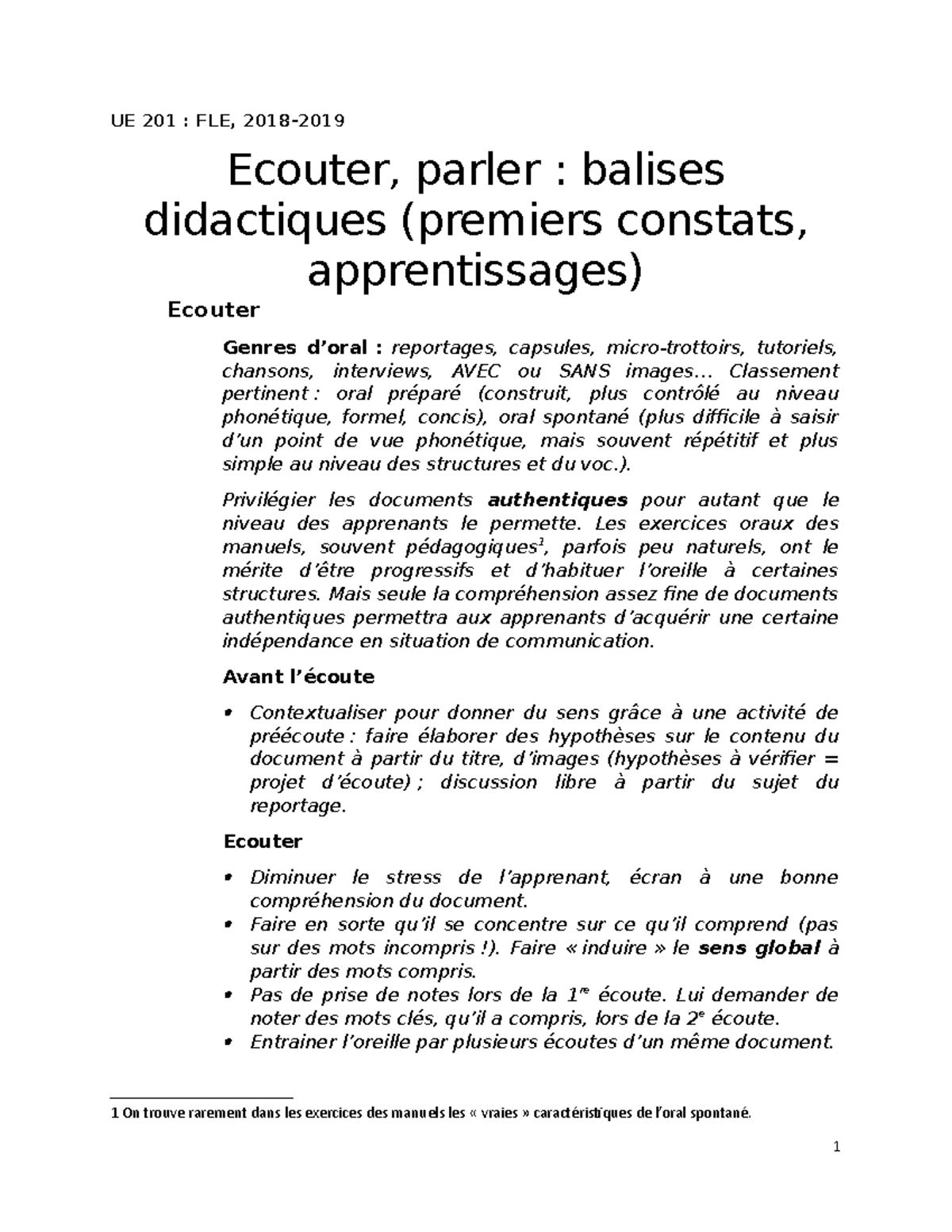 Parler - Ecouter principes didactiques - UE 201 : FLE, 2018- Ecouter ...