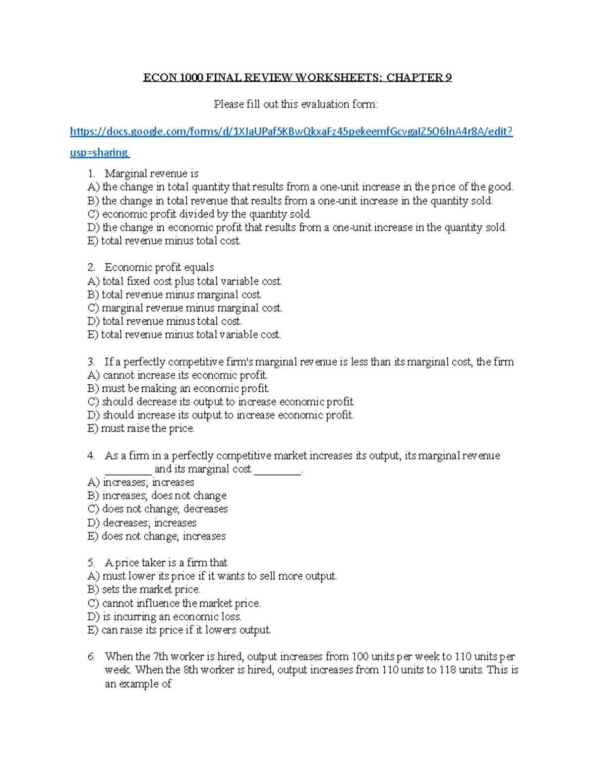 ECON 1000 Final Review Worksheets - Chapter 9 - ECO331 - U of T - Studocu