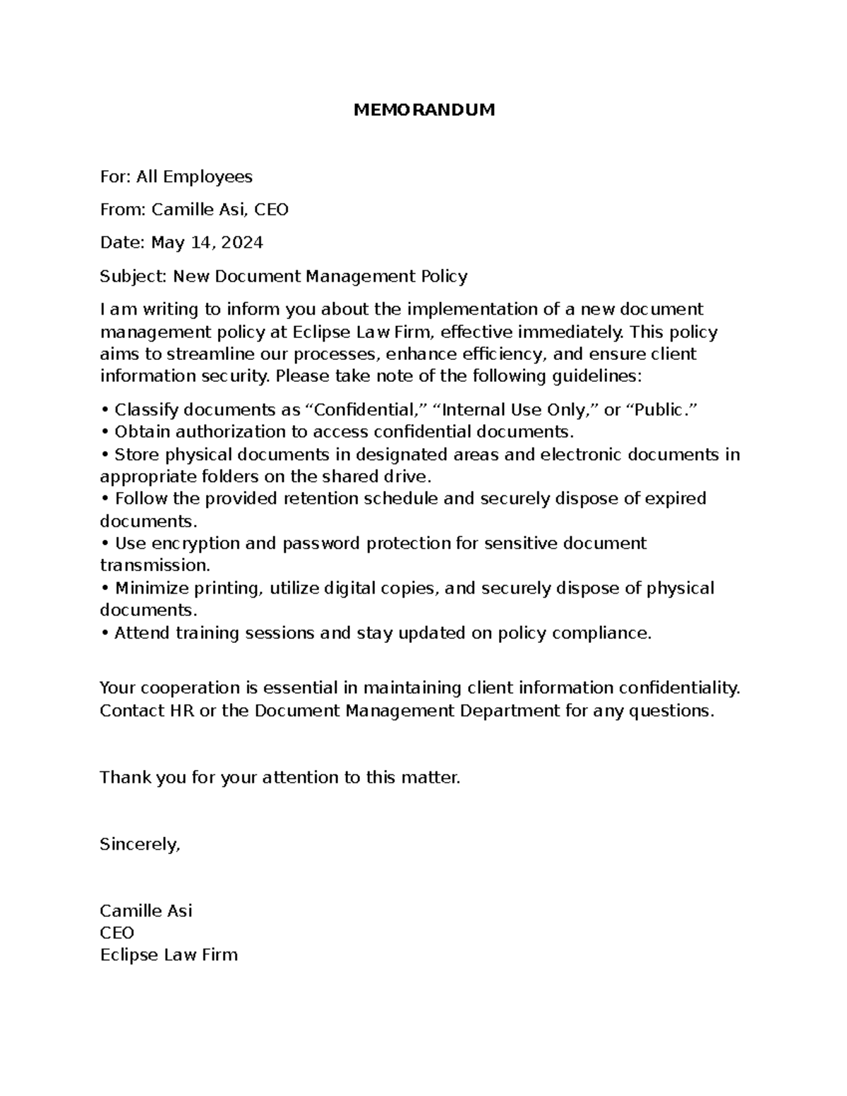 Memorandum for students - For: All Employees From: Camille Asi, CEO ...