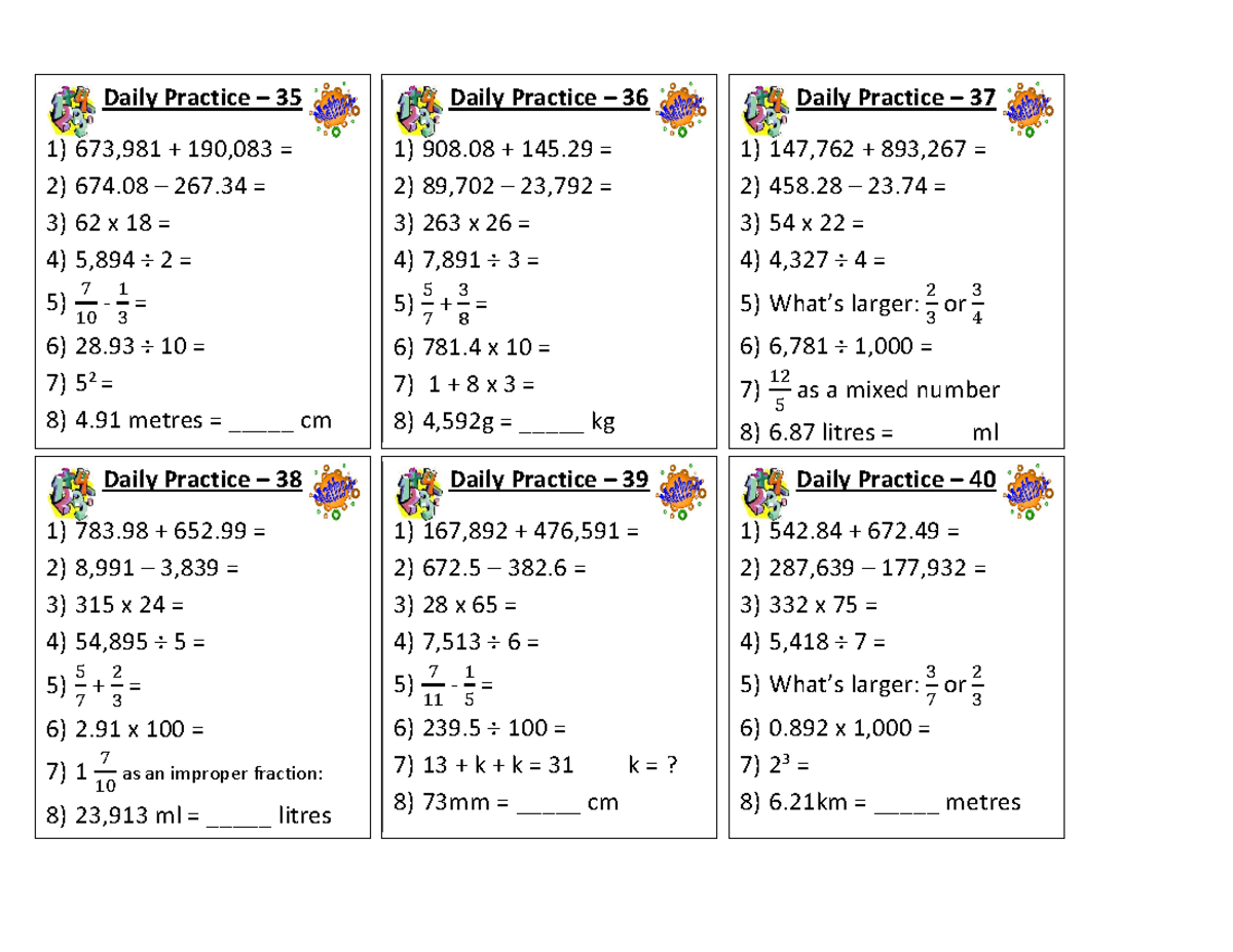 Daily practise - Daily Practice – 35 673,981 + 190,083 = 674 – 267 = 62 ...