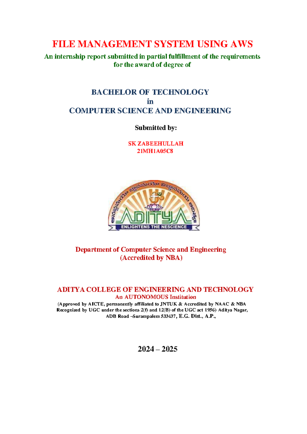 Zabee project doc - ascadc - FILE MANAGEMENT SYSTEM USING AWS An internship report submitted in ...