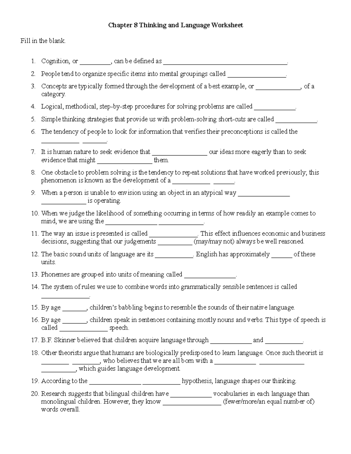 Chapter 8 Thinking and Language Worksheet - Chapter 8 Thinking and ...