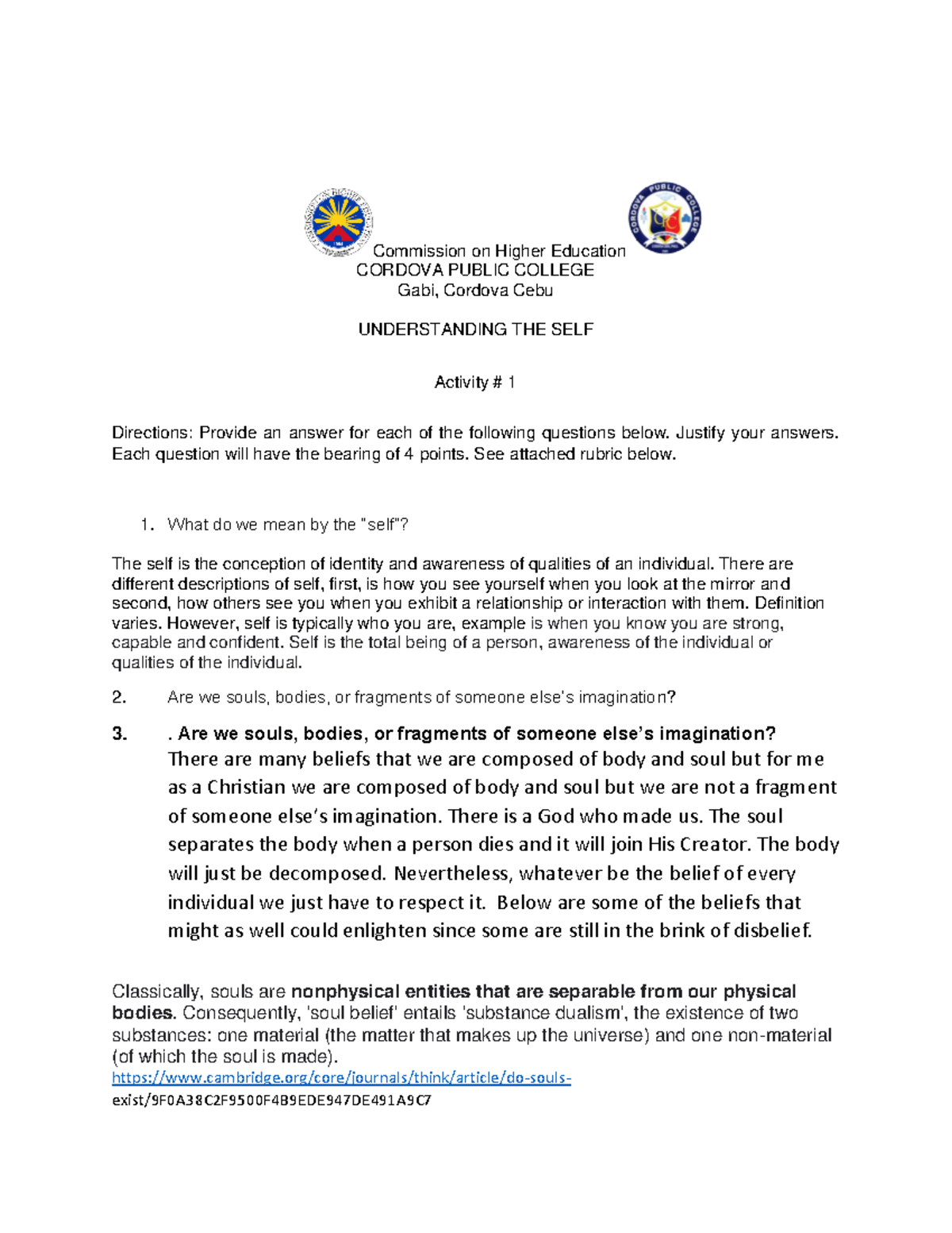 Understanding the self activity 1 - Commission on Higher Education ...