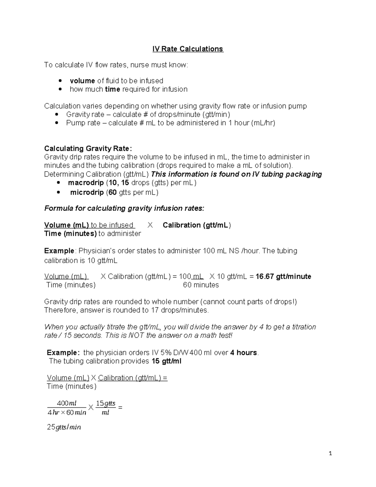 IV Calculation Intro and Practice answer key - IV Rate Calculations To ...