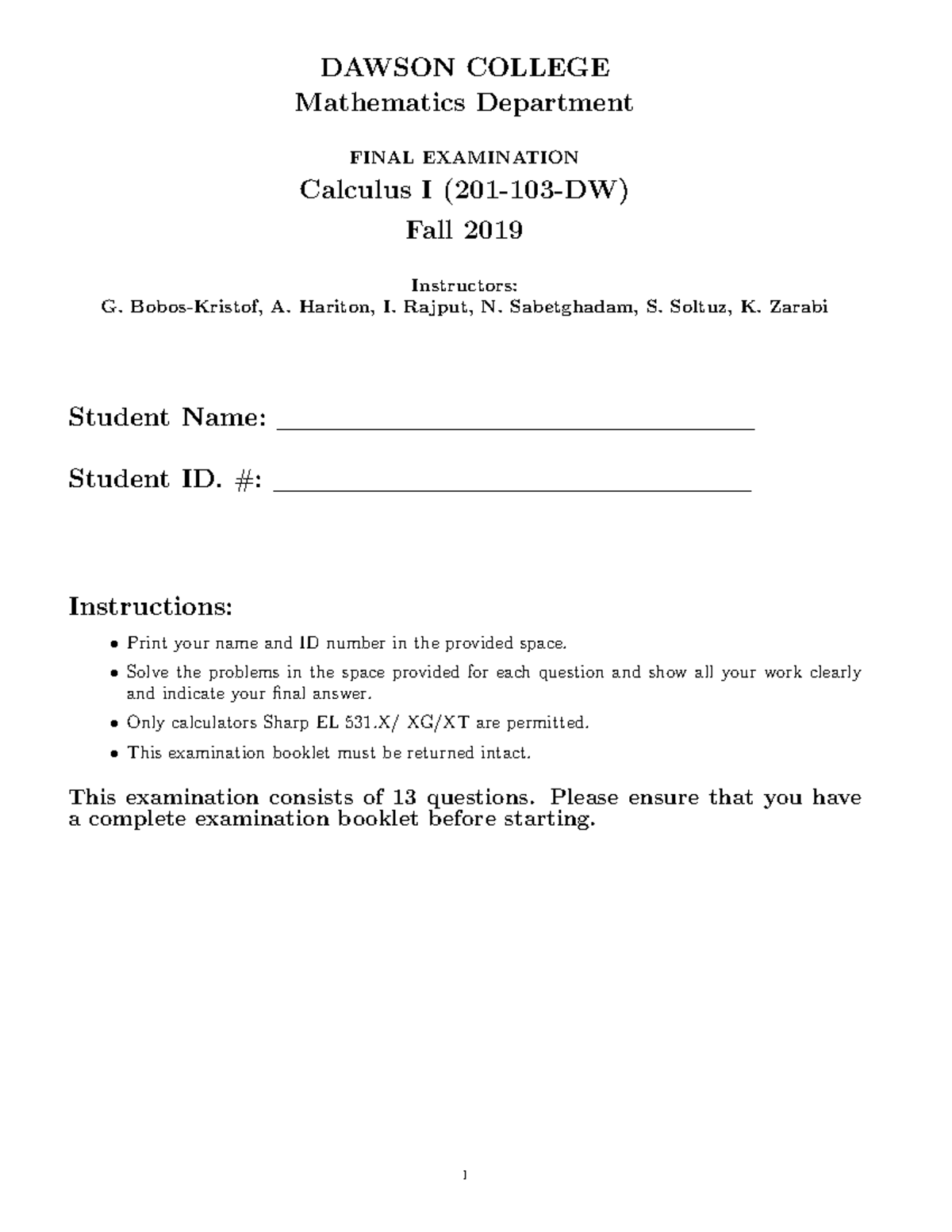 Calculus 1 Practice questions - DAWSON COLLEGE Mathematics Department ...