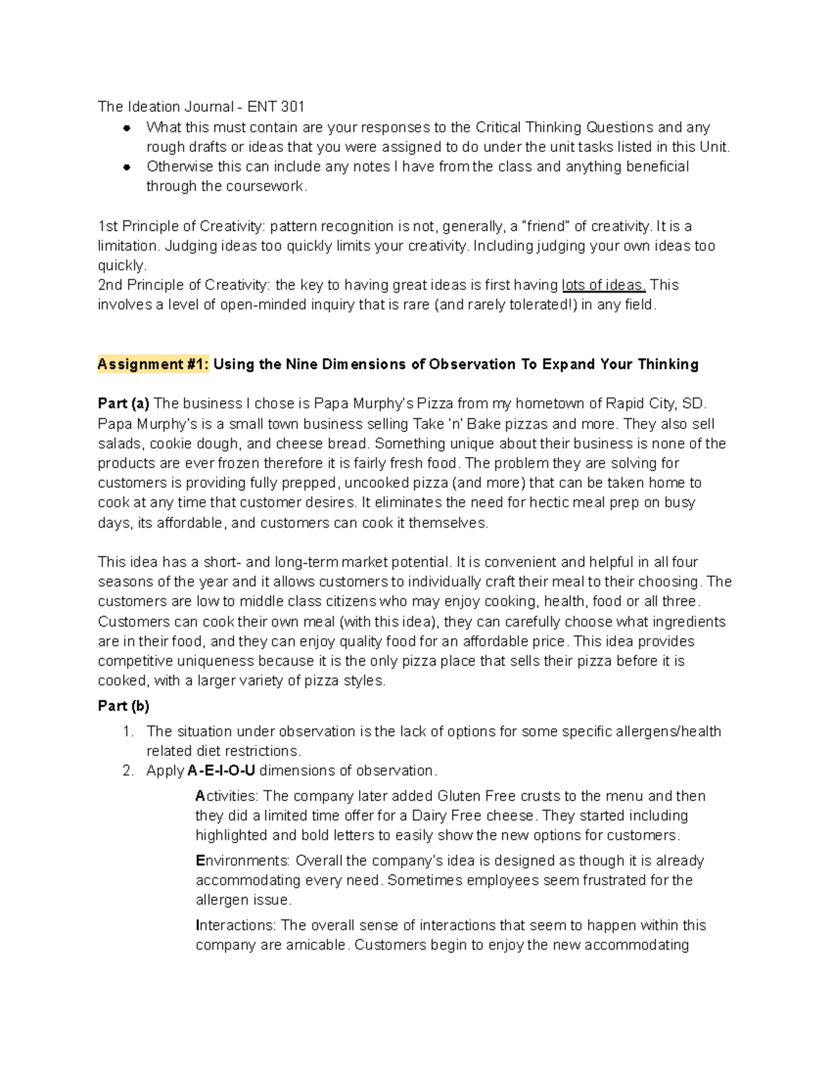 The Ideation Journal - ENT 301 - Otherwise this can include any notes I ...