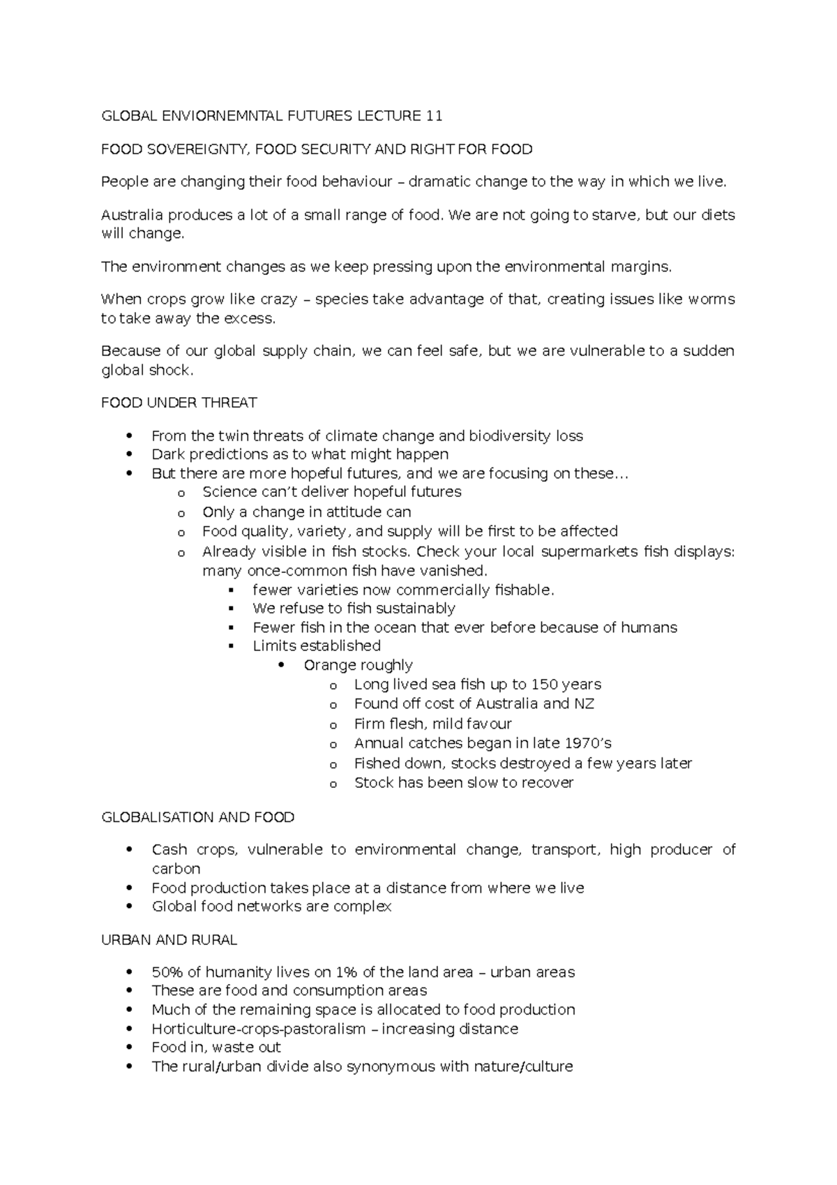 GEF Lecture 11 - GLOBAL ENVIORNEMNTAL FUTURES LECTURE 11 FOOD ...