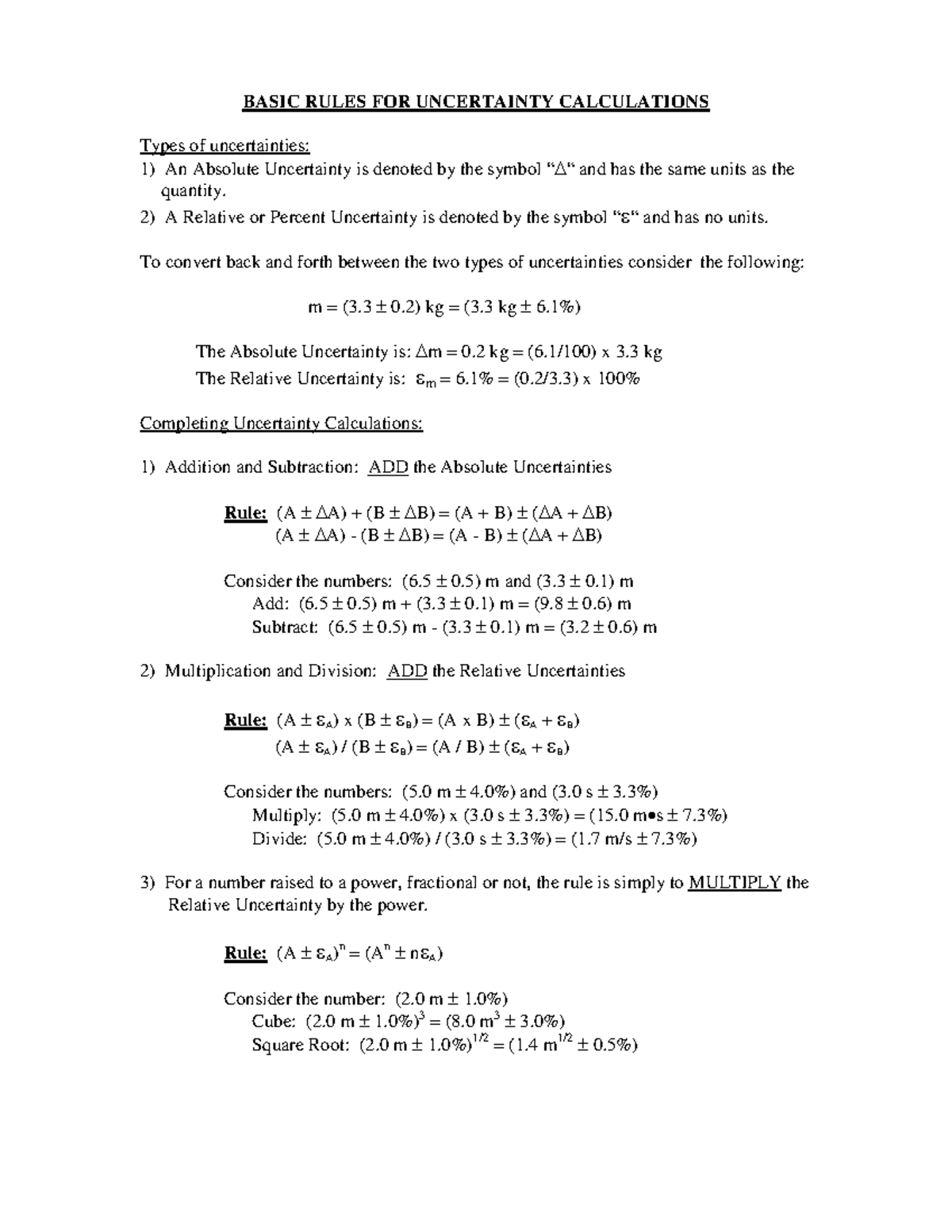 Basic uncertainty calculation rules(not included in class) - BASIC RULES FOR UNCERTAINTY - Studocu