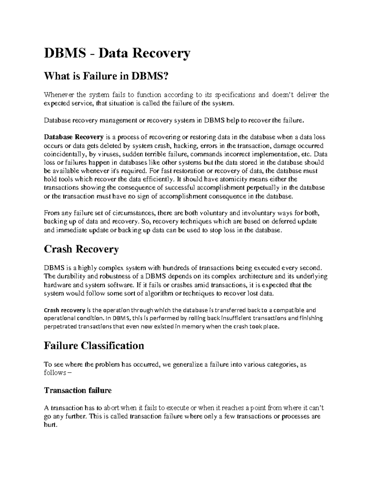 Lesson 11 Database recovery techniques st, - DBMS - Data Recovery What is Failure in DBMS ...